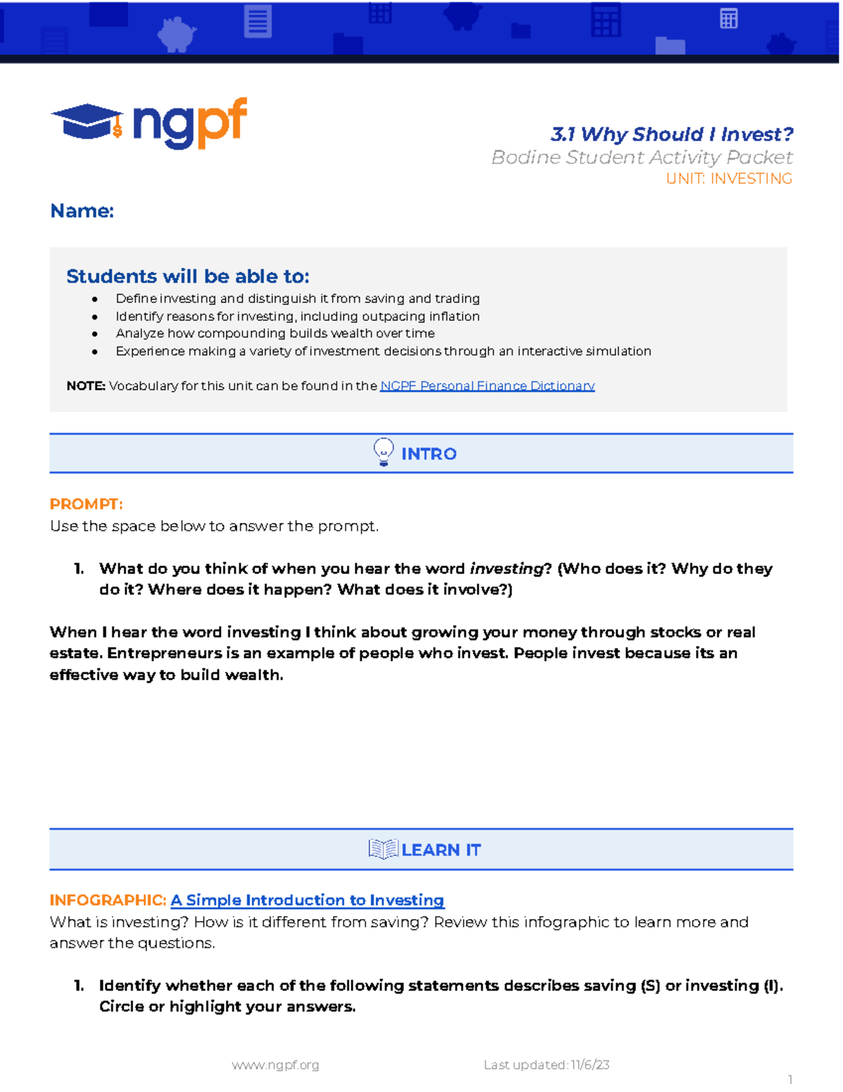 Angel castillo - SAP 3.1 Why Should I Invest 2024 - 3 Why Should I Invest? Bodine Student ...