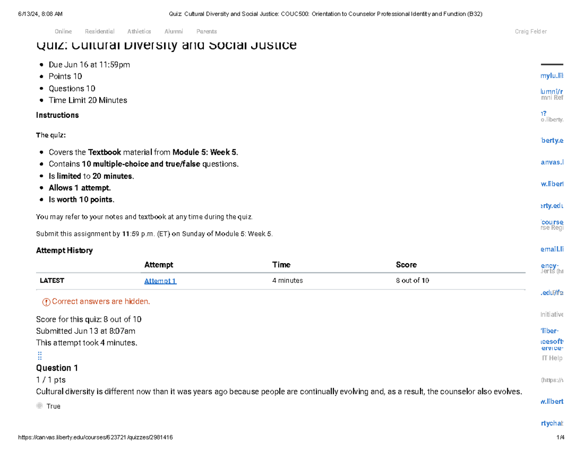 Quiz Cultural Diversity and Social Justice - Score for this quiz: 8 out ...