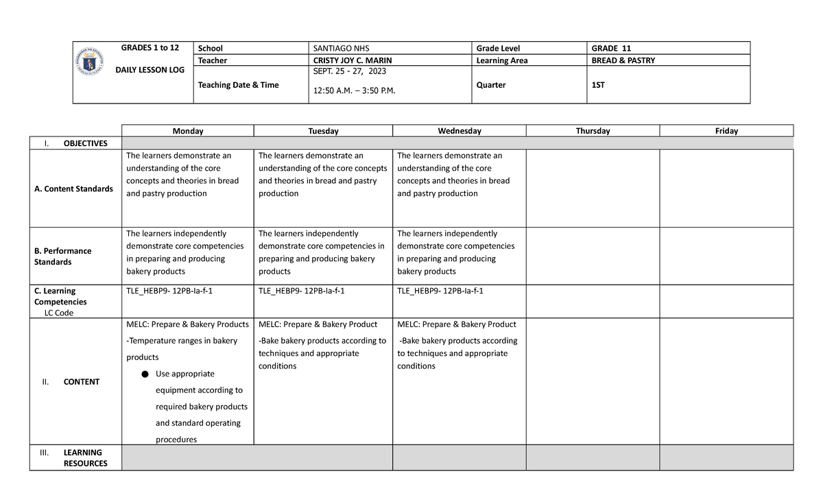 DLL - daily lesson plan - GRADES 1 to 12 DAILY LESSON LOG School ...