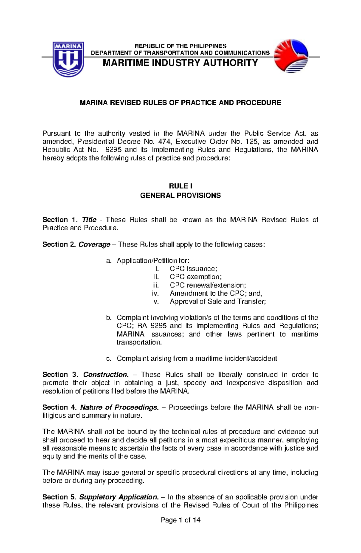 255132735 Marina Revised Rules of Practice Procedures - REPUBLIC OF THE ...