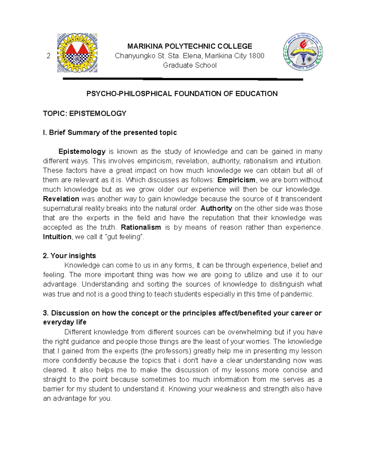 Celestino- Pyscho- Philo Reflection 1 Epistemology - MARIKINA ...