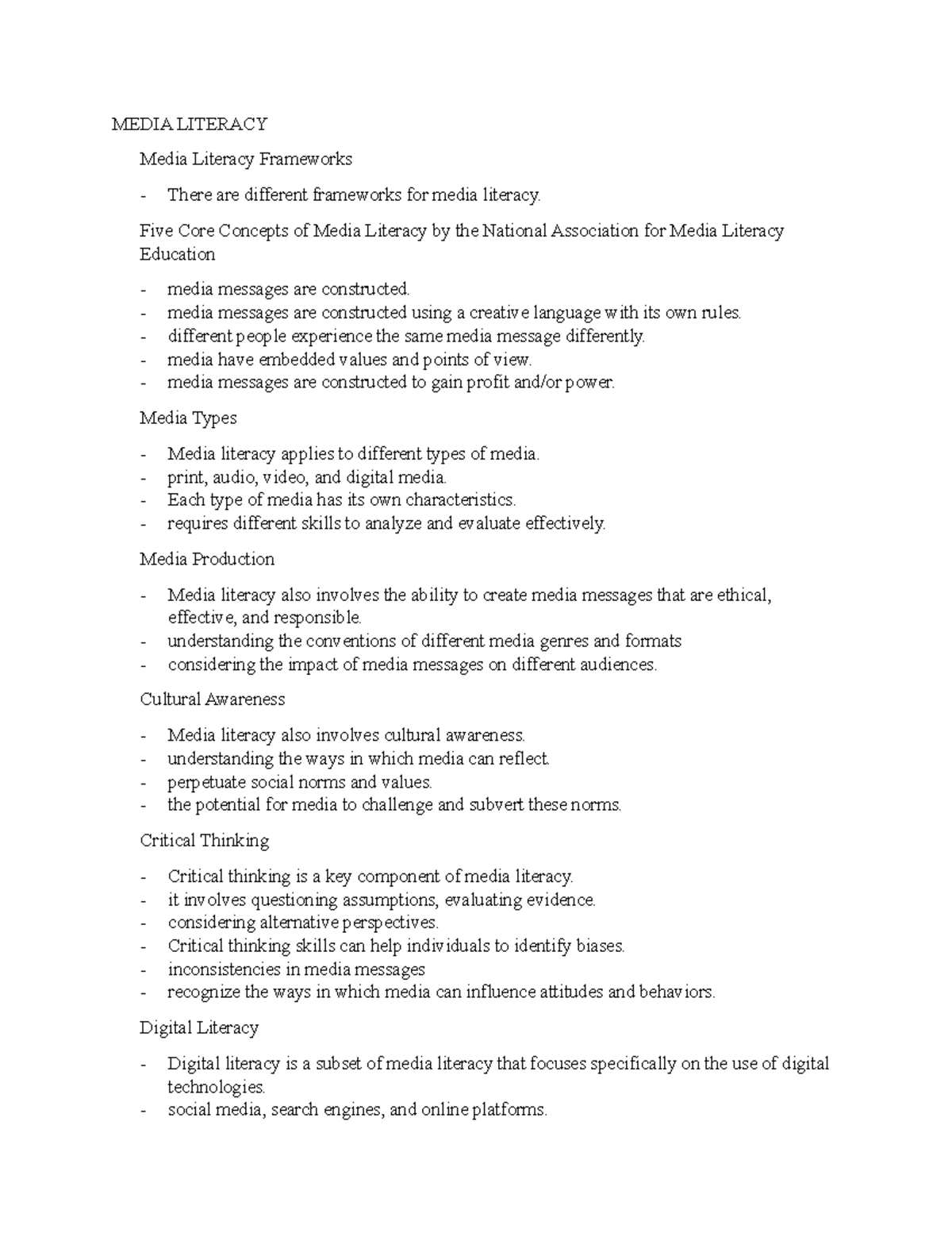 Media Literacy Notes 2 - MEDIA LITERACY Media Literacy Frameworks There ...