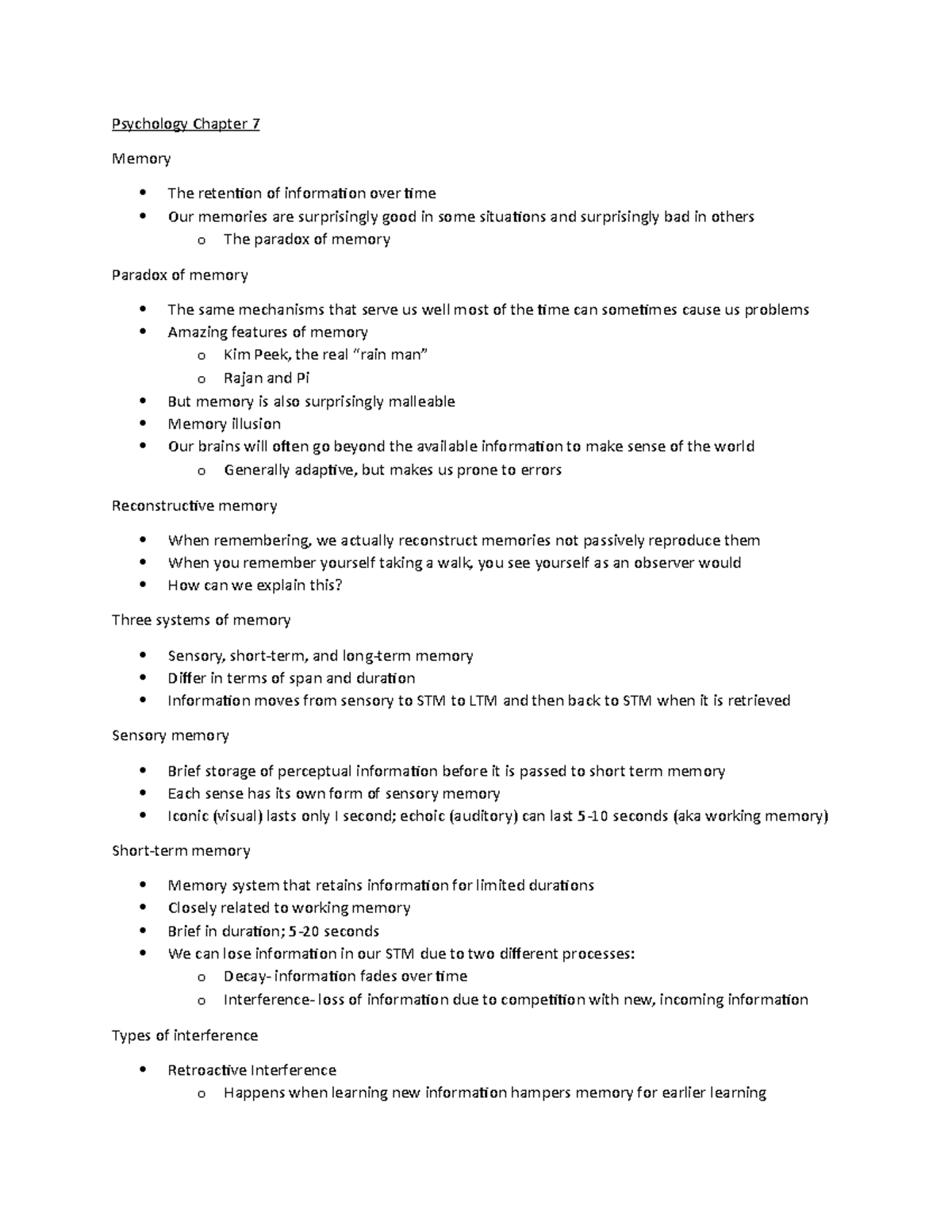 Psychology Chapter 7 Notes - Psychology Chapter 7 Memory The retention ...