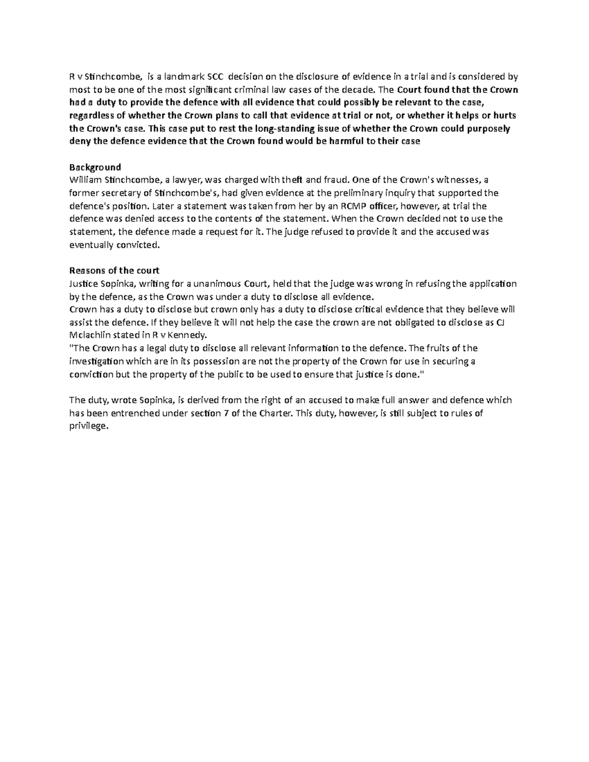 R v Stinchcombe - study notes - R v Stinchcombe, is a landmark SCC ...