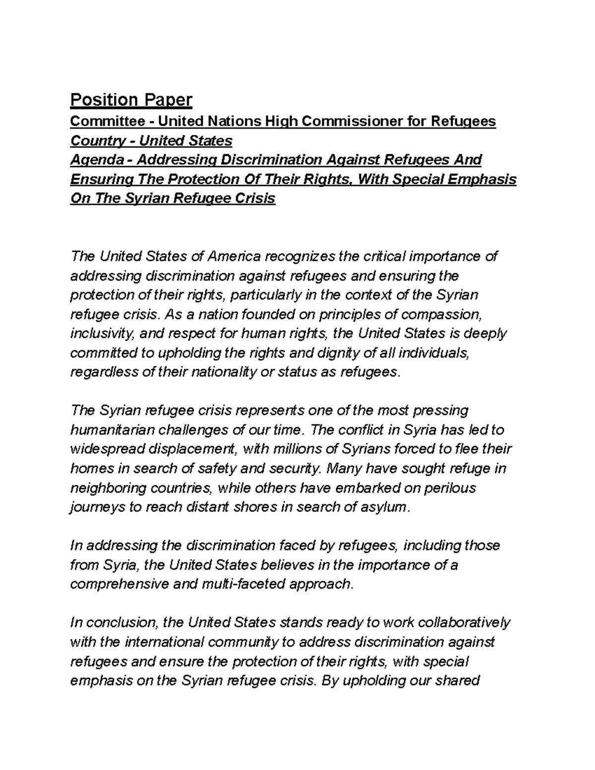 Position paper - Position Paper Committee - United Nations High ...