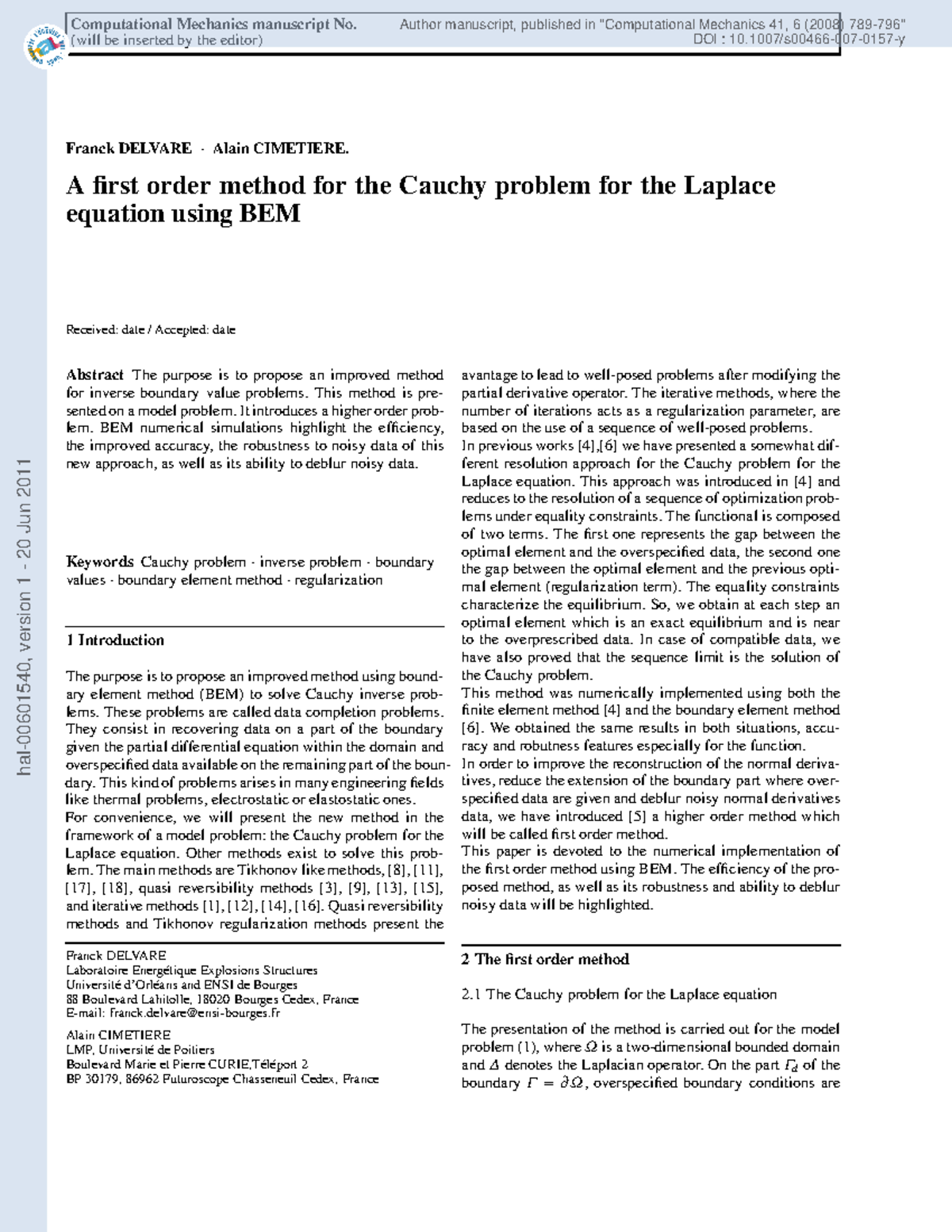 A first order method for the Cauchy prob - Computational Mechanics ...