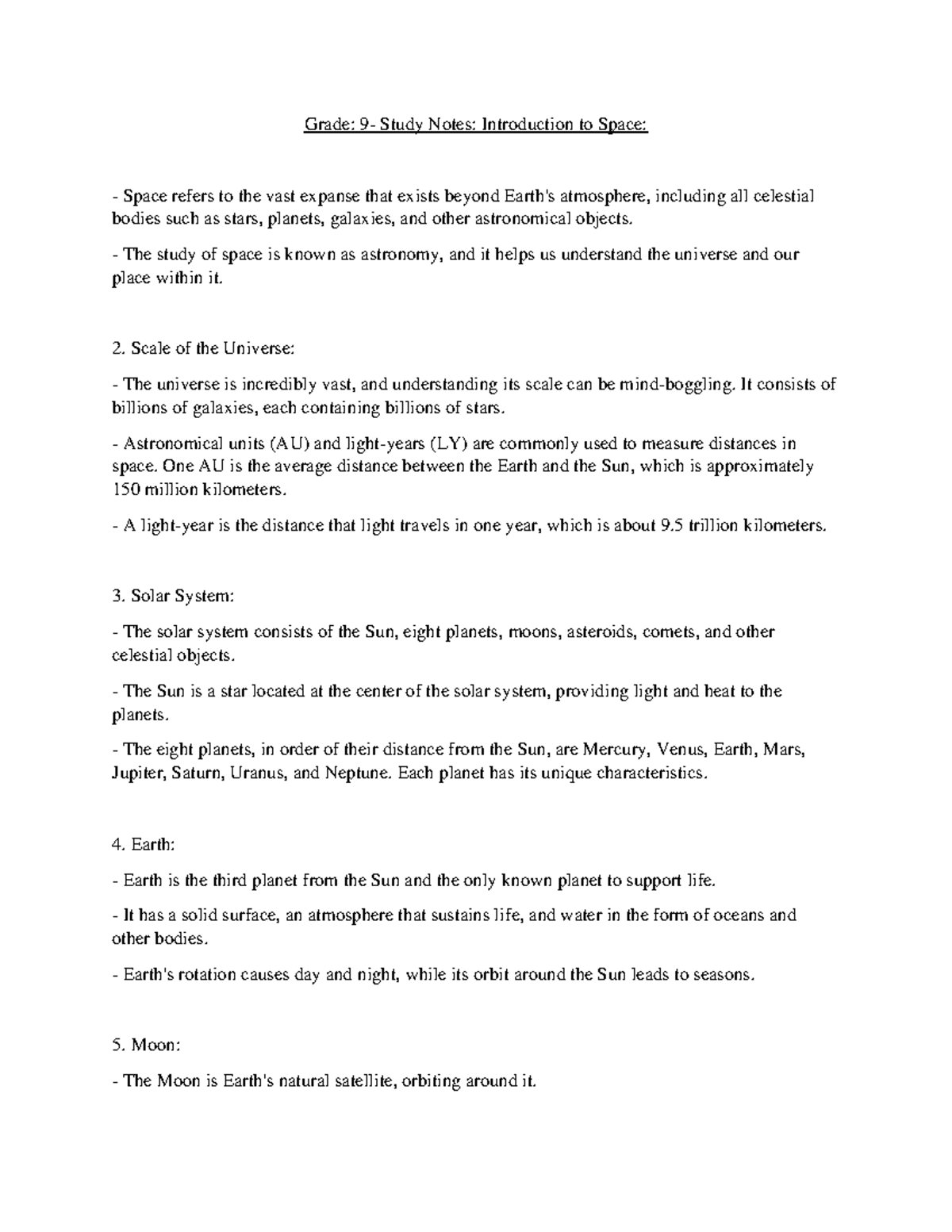 Space study notes-2 - Grade: 9- Study Notes: Introduction to Space ...