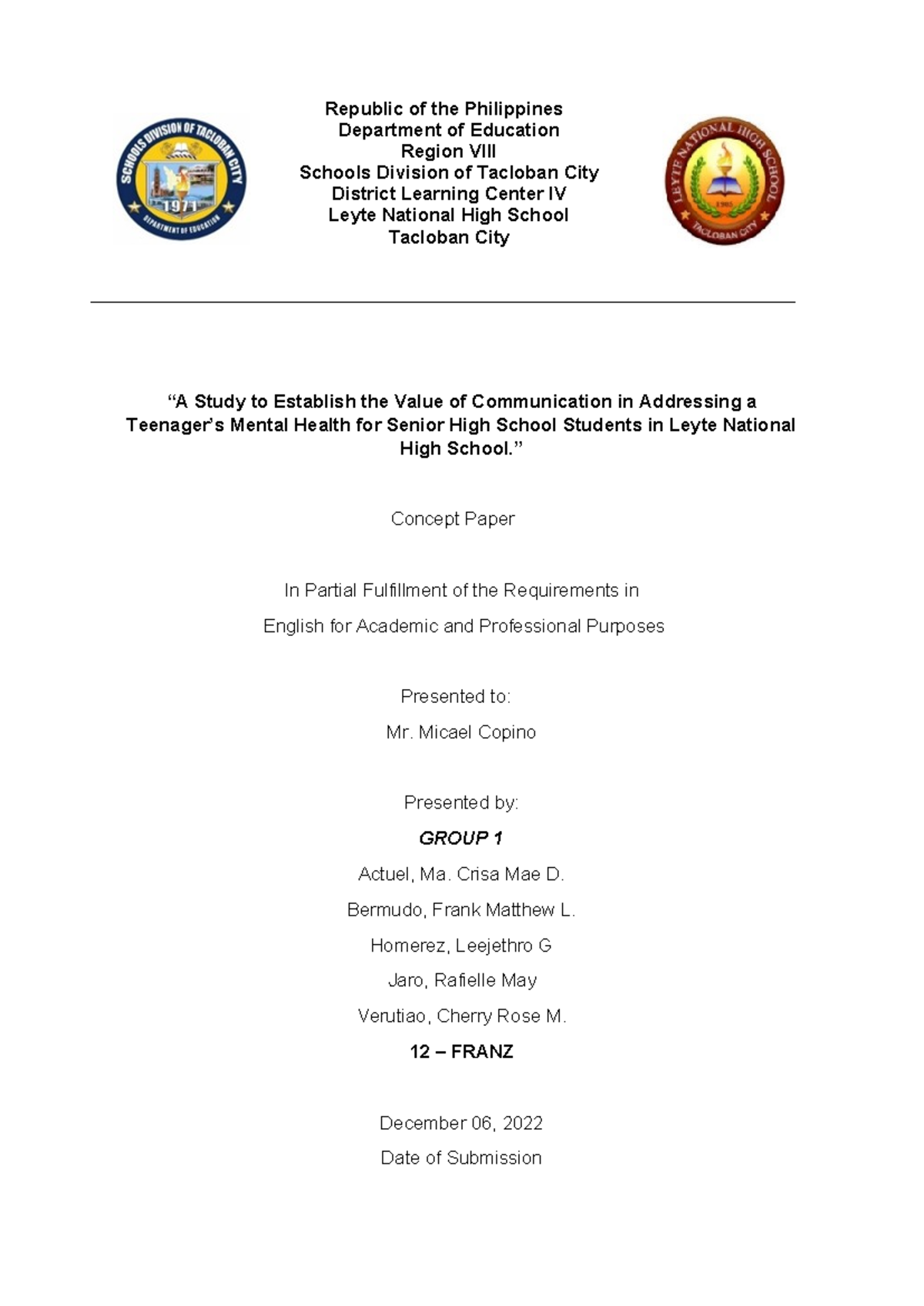 Concept Paper Group 7 - “A Study to Establish the Value of ...