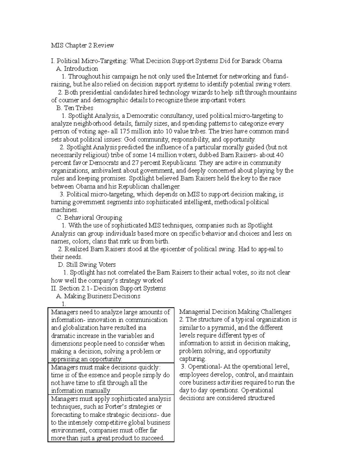 MIS Chapter 2 Review - MIS Chapter 2 Review I. Political Micro-Targeting: What Decision Support ...