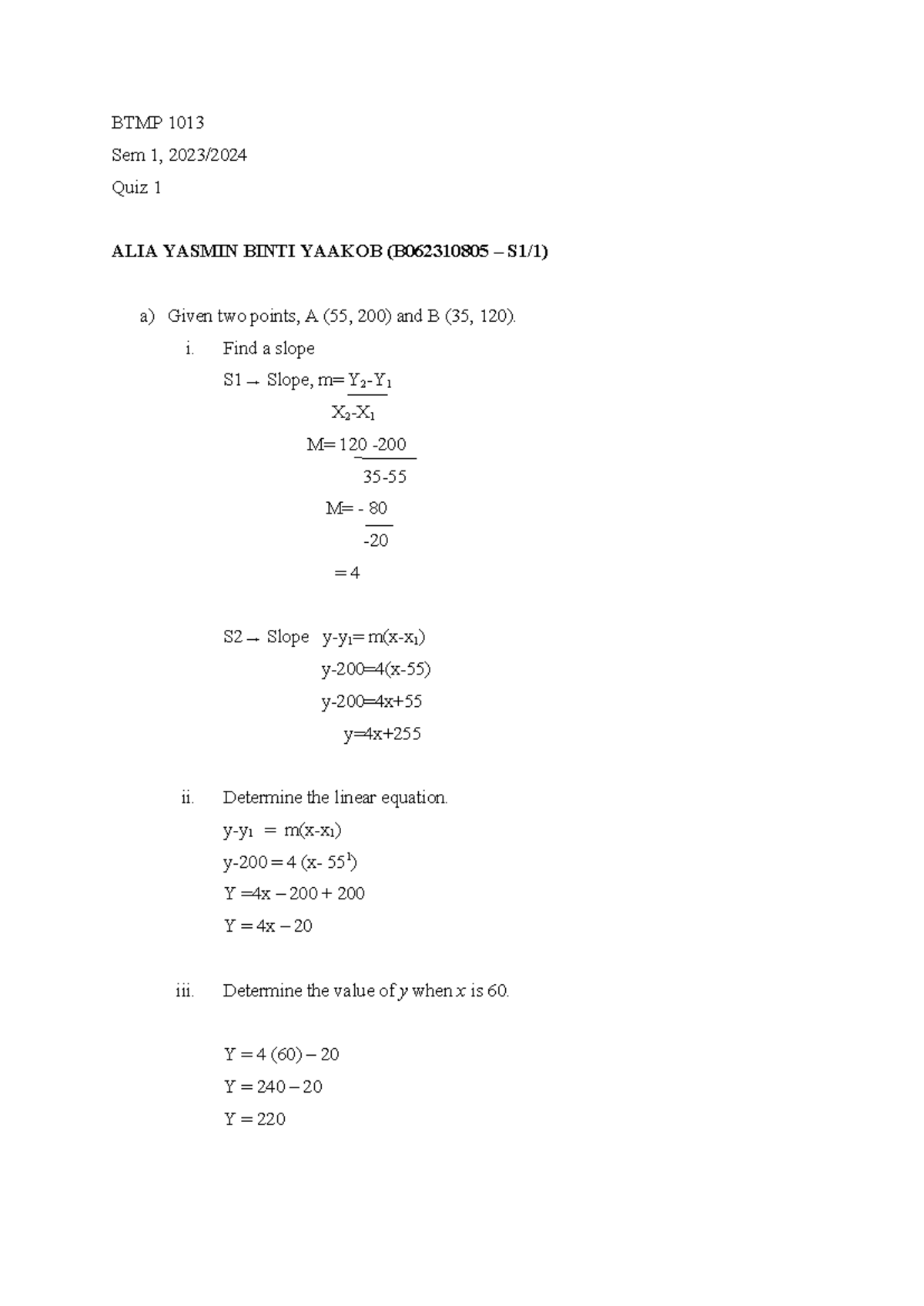 BTMP 1013 - OKAY - BTMP 1013 Sem 1, 2023/ Quiz 1 ALIA YASMIN BINTI ...