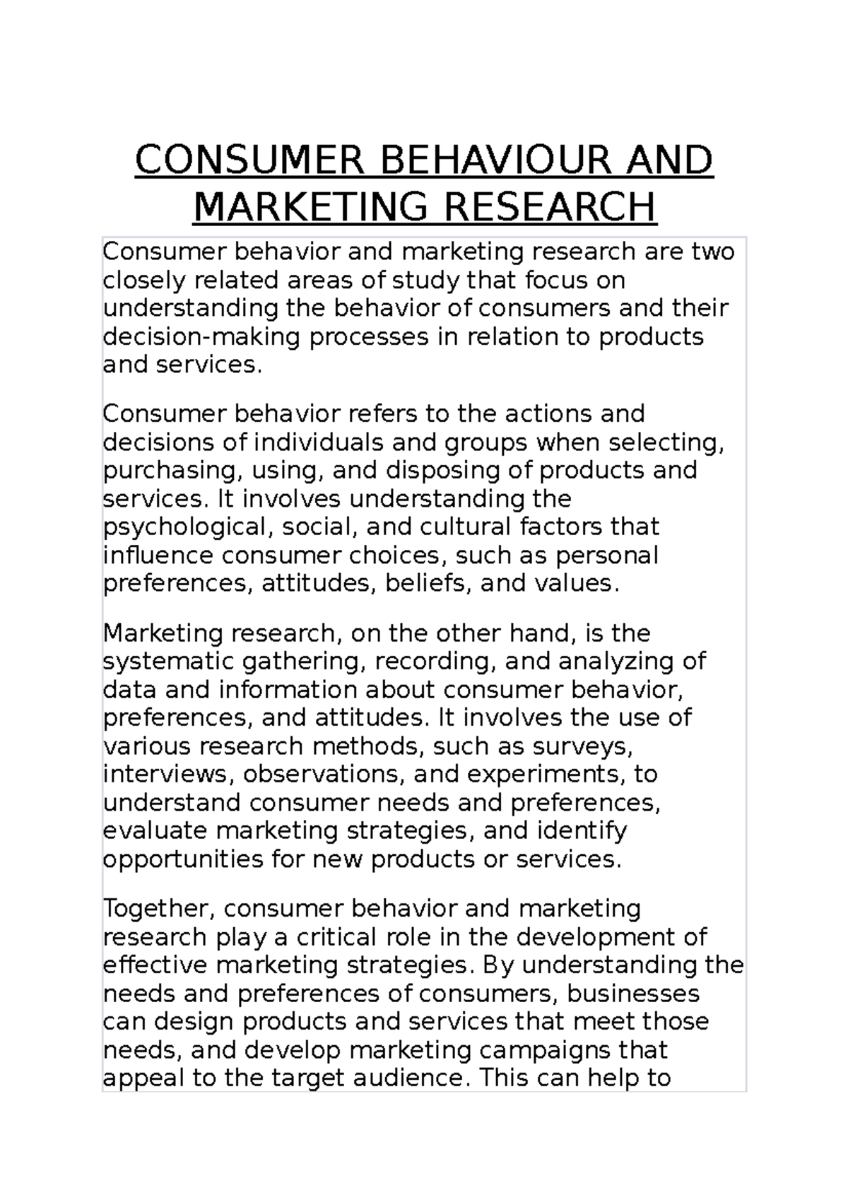 Consumer Behaviour AND Marketing Research - CONSUMER BEHAVIOUR AND ...