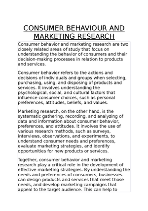 Consumer Behaviour AND Marketing Research - CONSUMER BEHAVIOUR AND ...