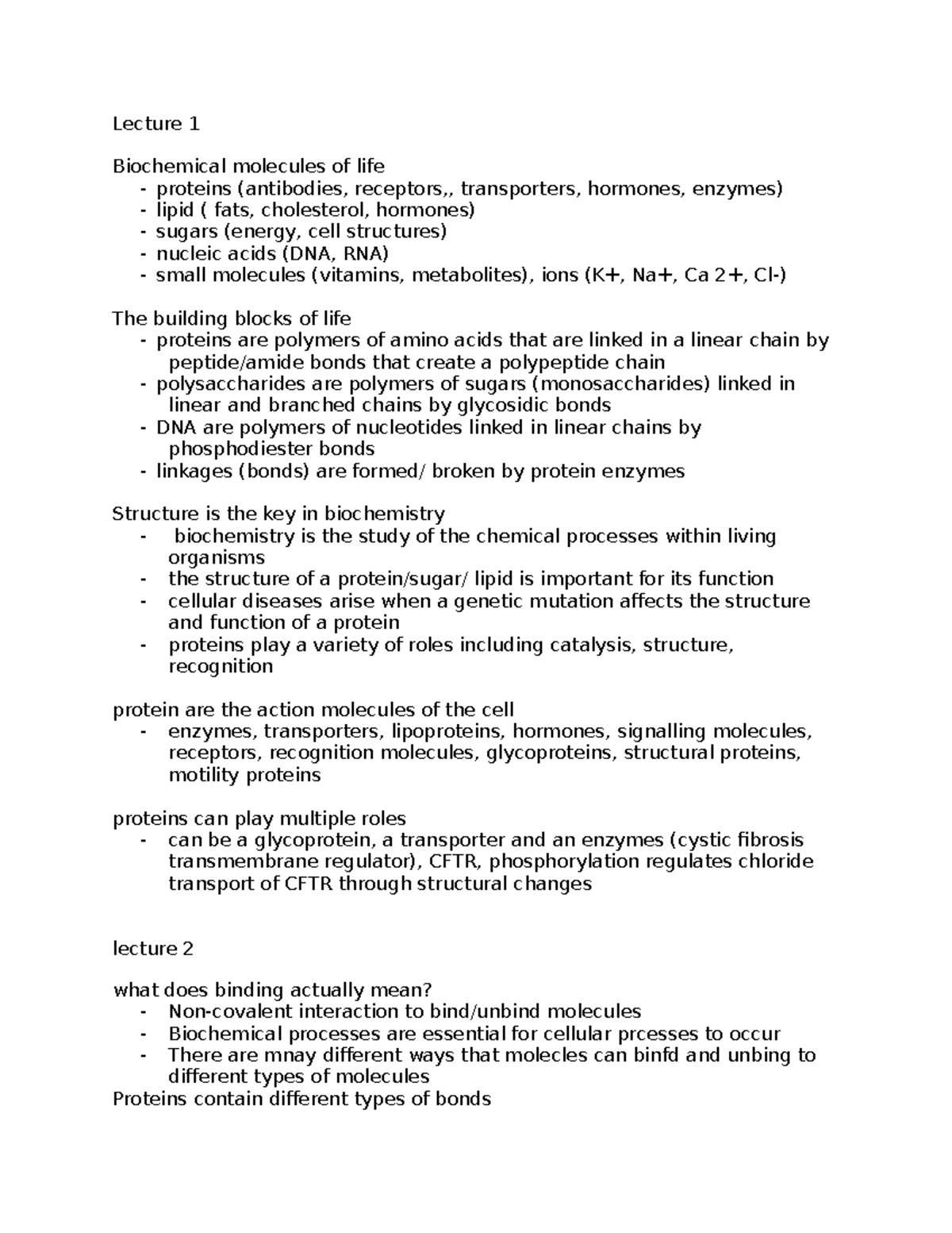 Biochem lecture notes - Lecture 1 Biochemical molecules of life ...