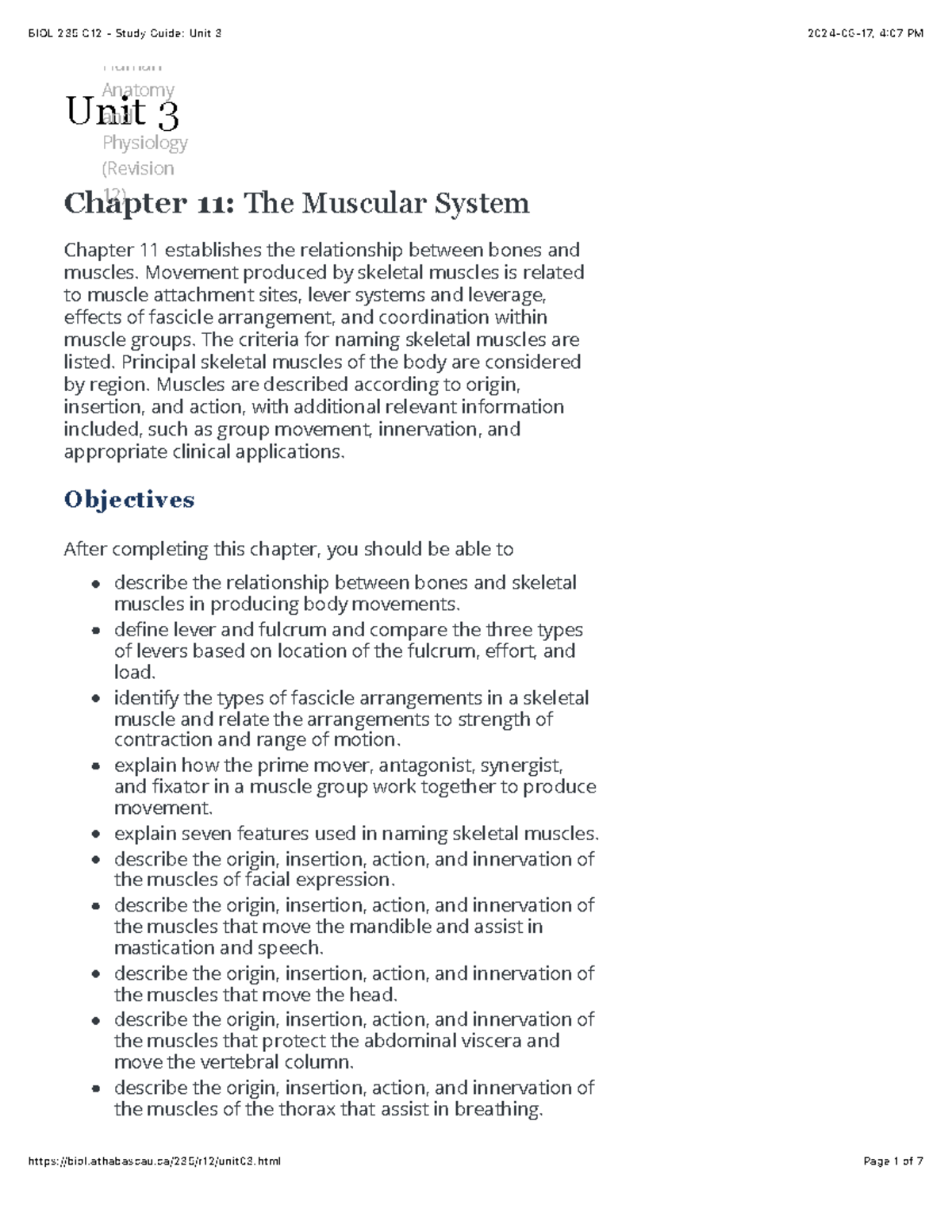 BIOL 235 - Study Guide: Unit 3 - Unit 3 Chapter 11: The Muscular System ...