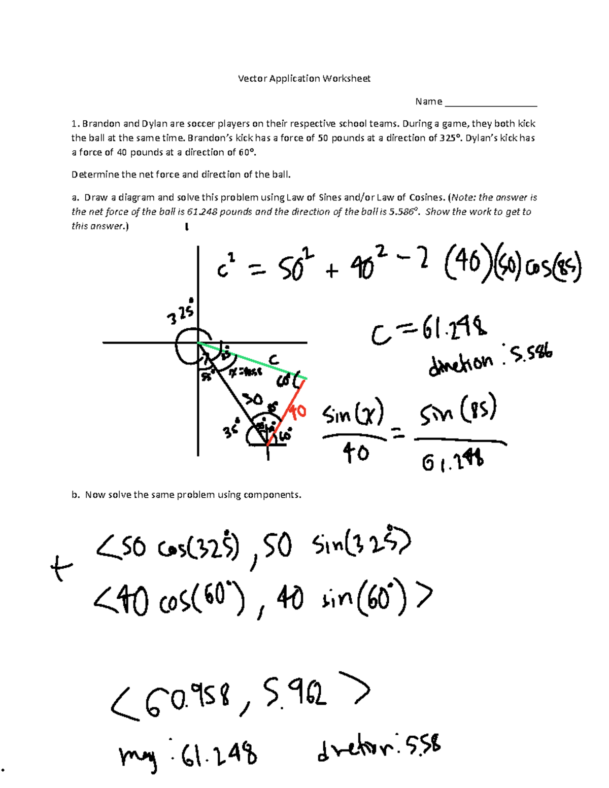 Vector+Application+Worksheet - Vector Application Worksheet Name ...