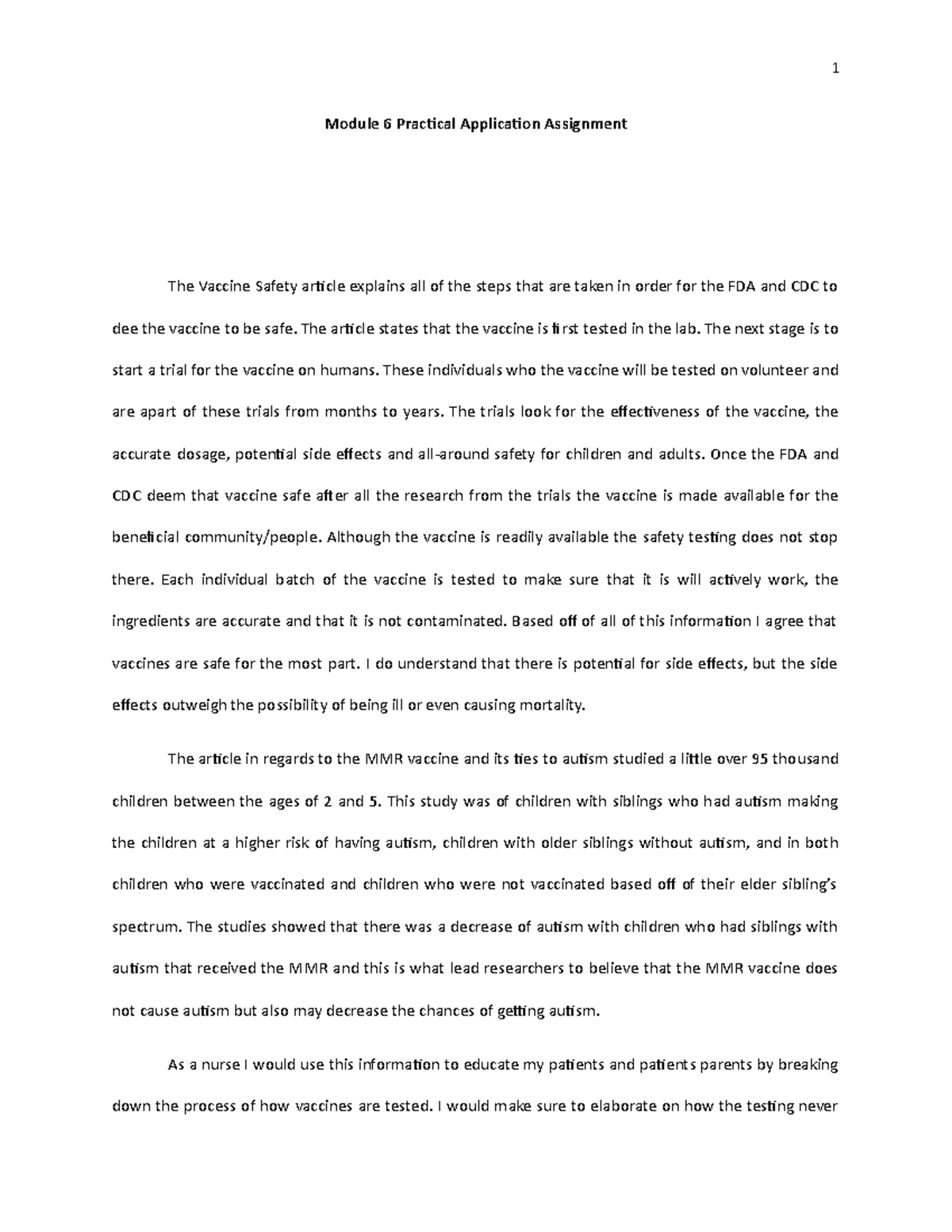 Mod 6 PAA BIO 205 - 1 Module 6 Practical Application Assignment The Vaccine Safety article ...