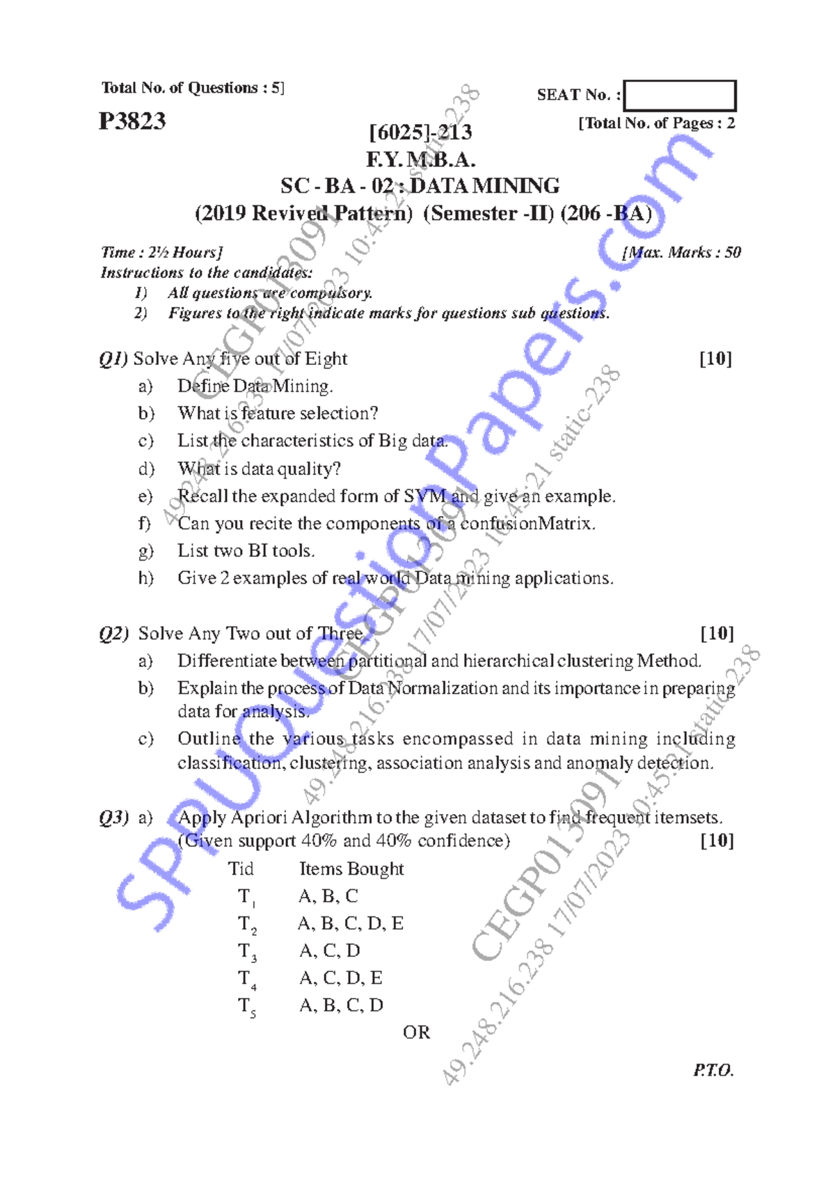 Postgraduate-pg mba semester-2 2023 may data-mining-pattern-2019 - [6025]-213 1 Total No. of ...