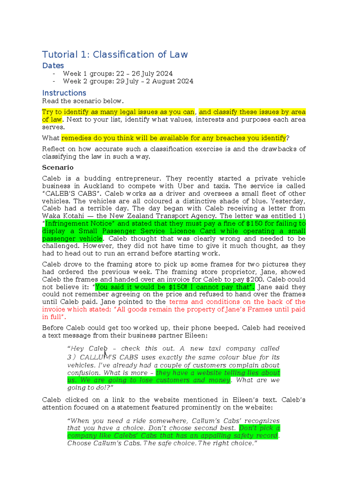 Tutorial 1 Classification of Law - Try to identify as many legal issues ...