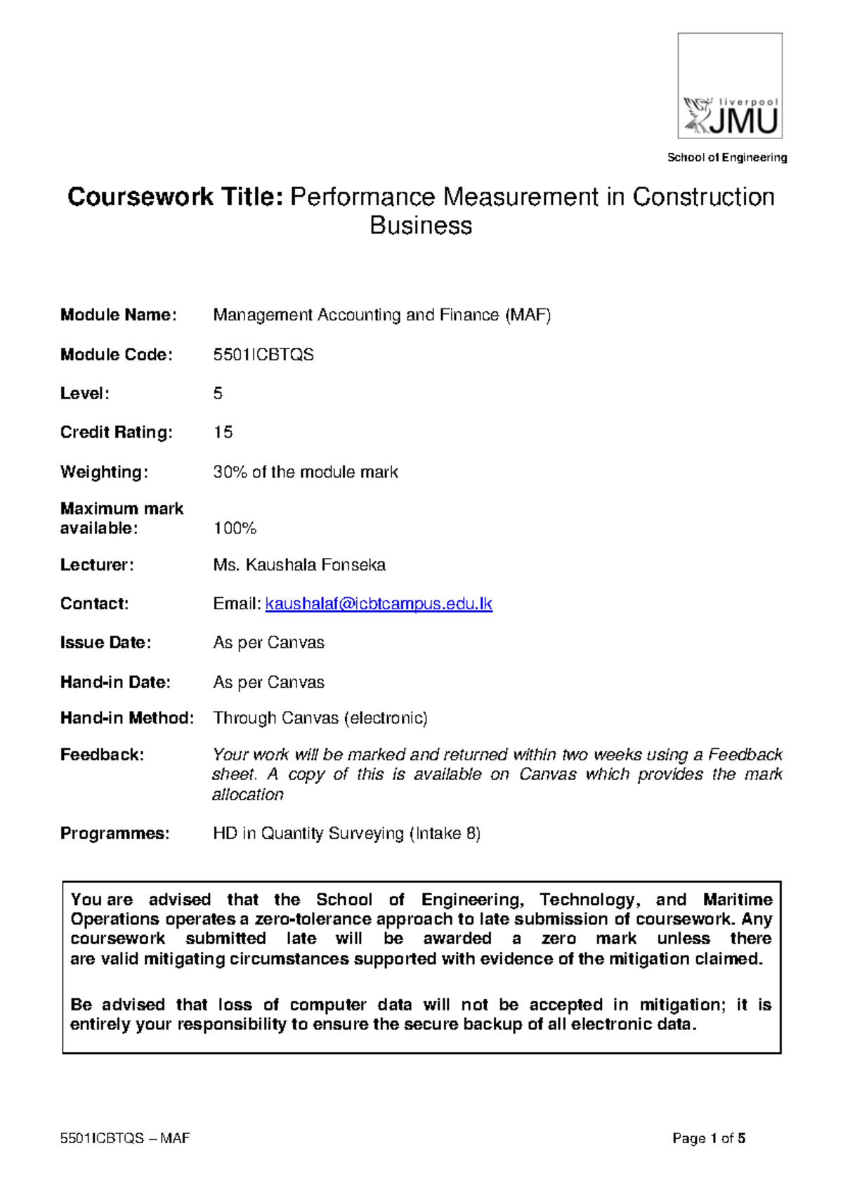 5501 Icbtqs CW Original Brief-2 - Coursework Title: Performance ...