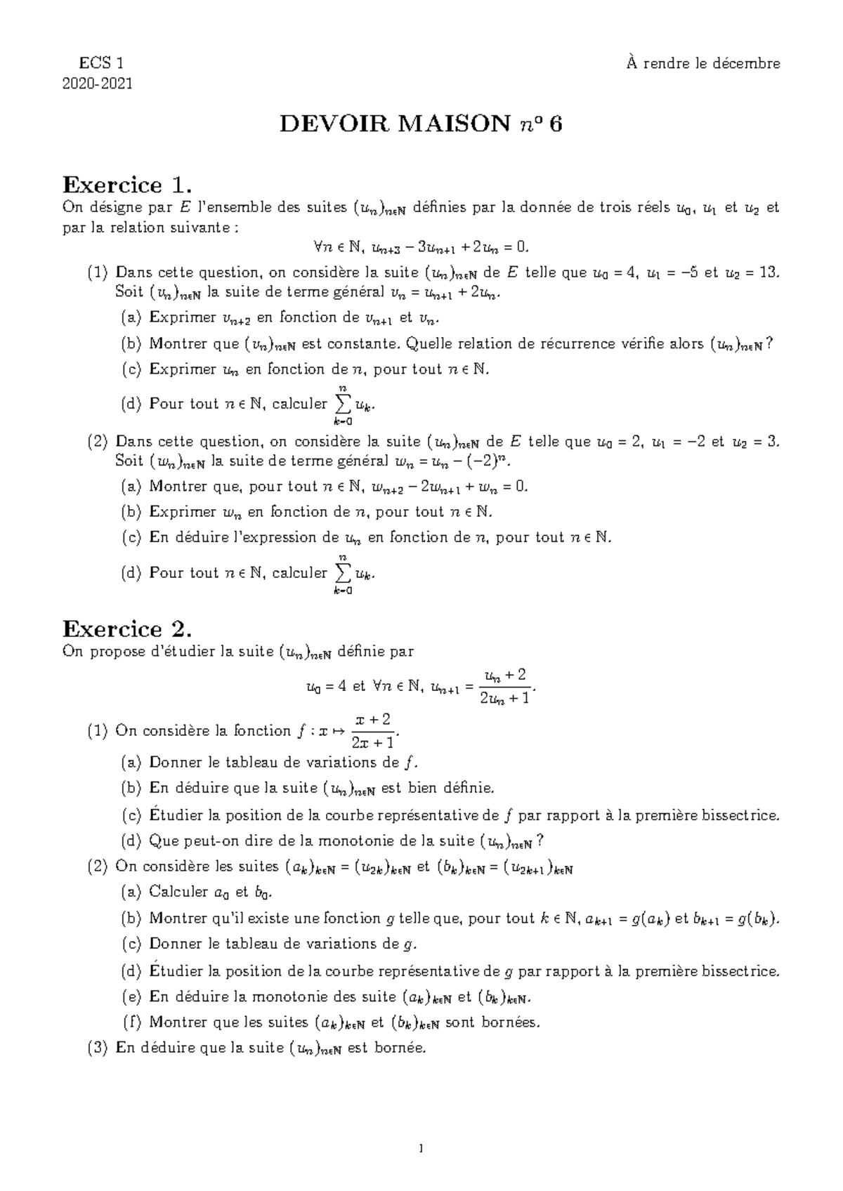 DM6 - Devoir maison de maths - ECS 1 A rendre le d ́` ecembre 2020- DEVOIR MAISON no 6 Exercice ...