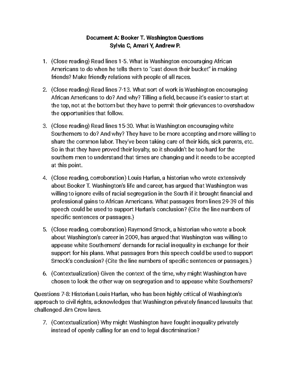 Copy of Document Questions - Document A: Booker T. Washington Questions ...
