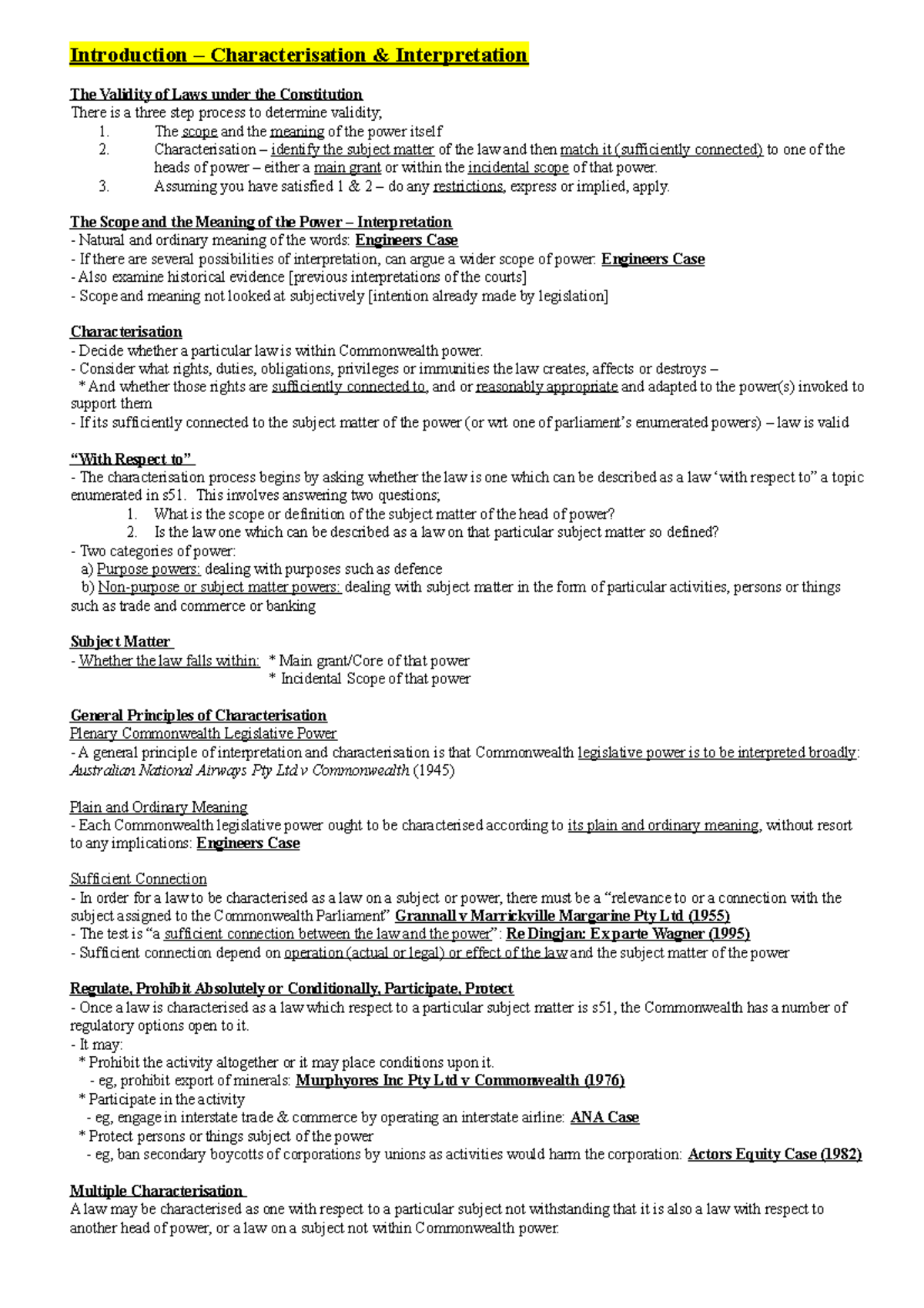Key Constitutional Law notes - Introduction – Characterisation ...