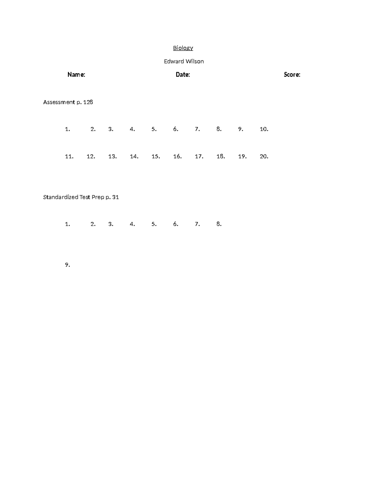 Biology Unit 1 Review Quiz Sheet - BIOL1107 - Biology Edward Wilson ...
