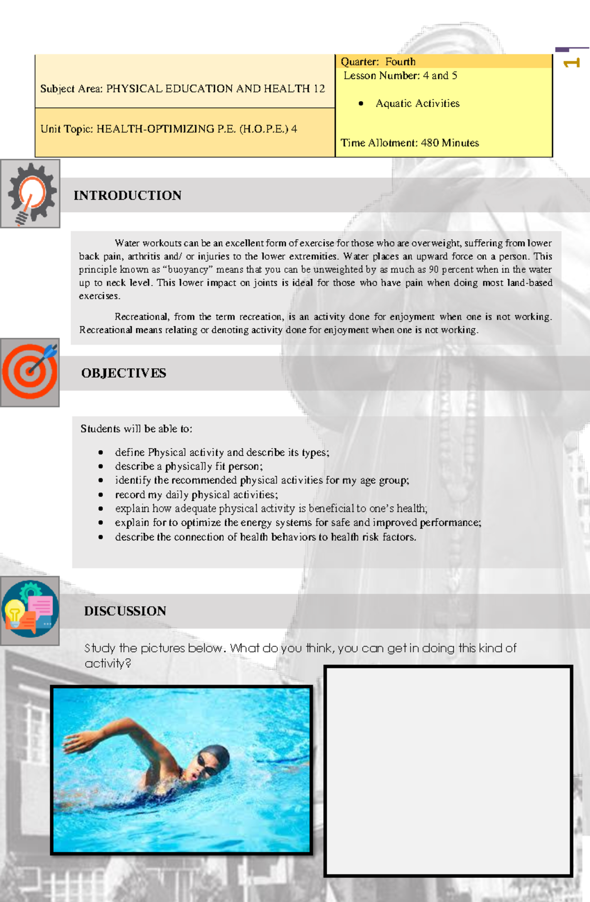 Recreational aquatic - 1 Subject Area: PHYSICAL EDUCATION AND HEALTH 12 ...