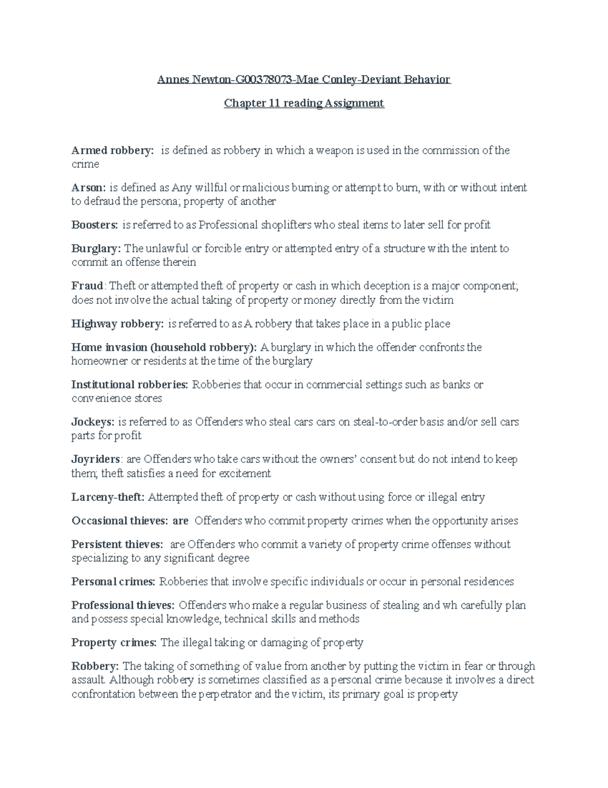 Chapter 11 deviant behavior - Annes Newton-G00378073-Mae Conley-Deviant ...