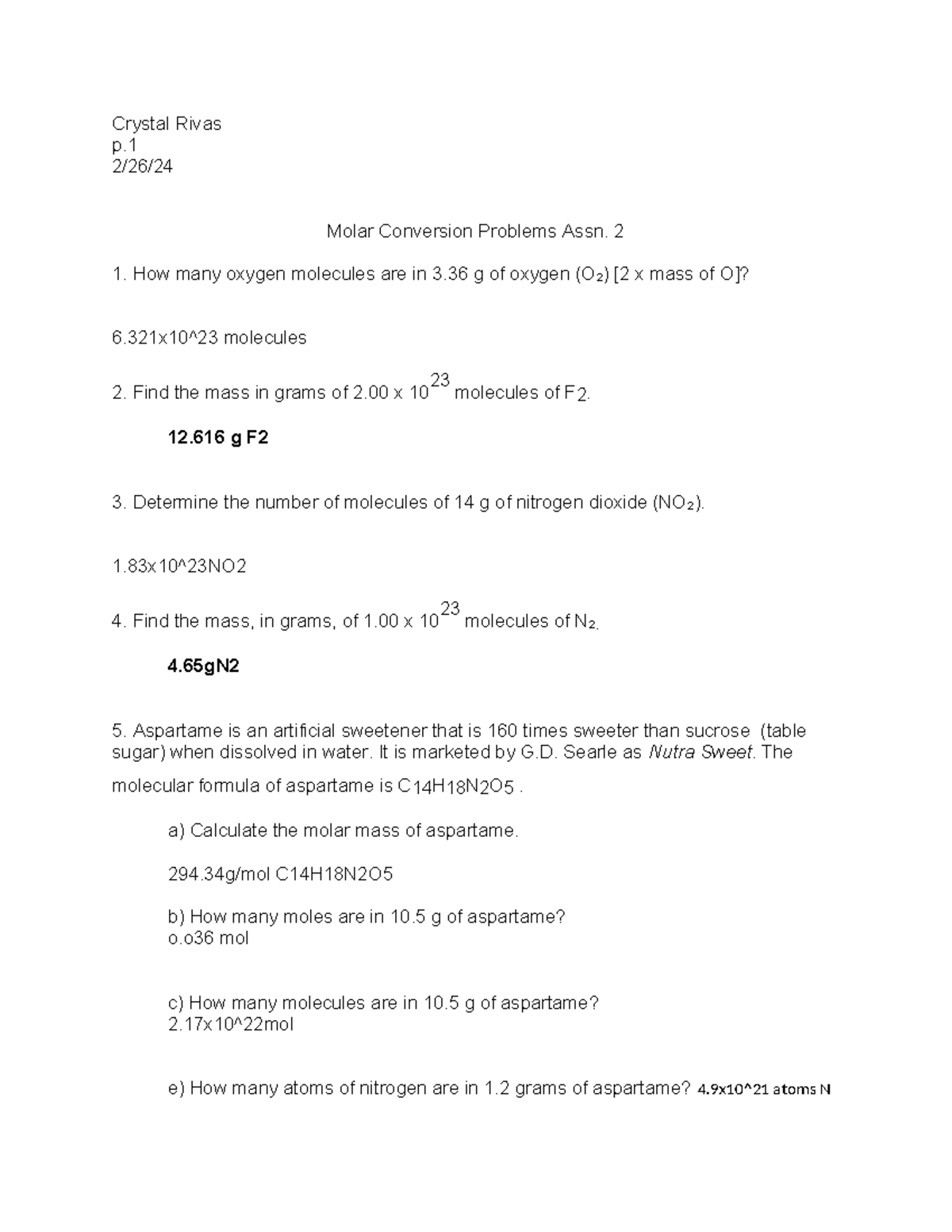Molar Conversion Problems Assn2 (1) - Crystal Rivas p. 2/26/ Molar ...