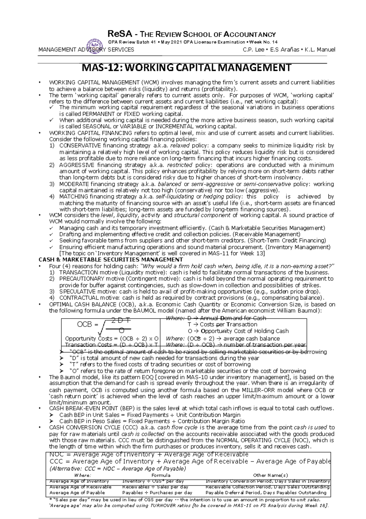 working capital management Lecture Notes - ReSA - THE REVIEW SCHOOL OF ...