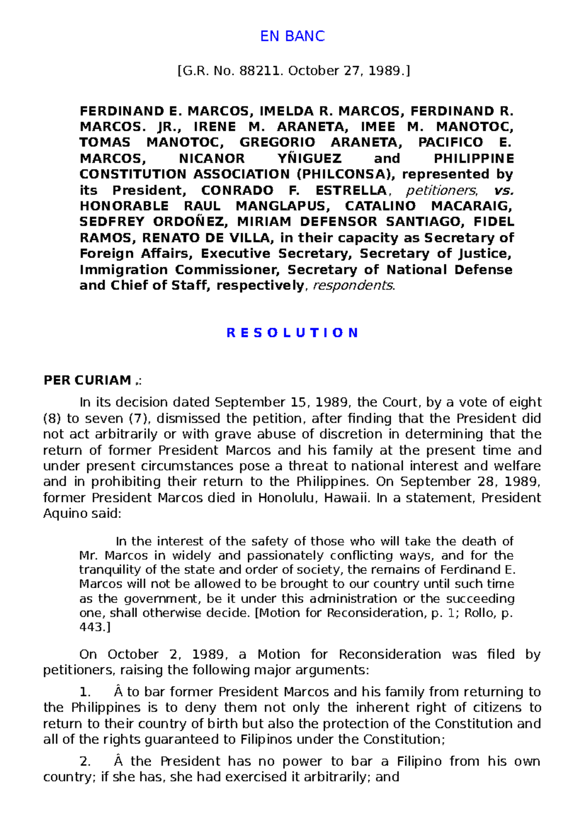 Marcos v. Manglapus - consti - EN BANC [G. No. 88211. October 27, 1989 ...