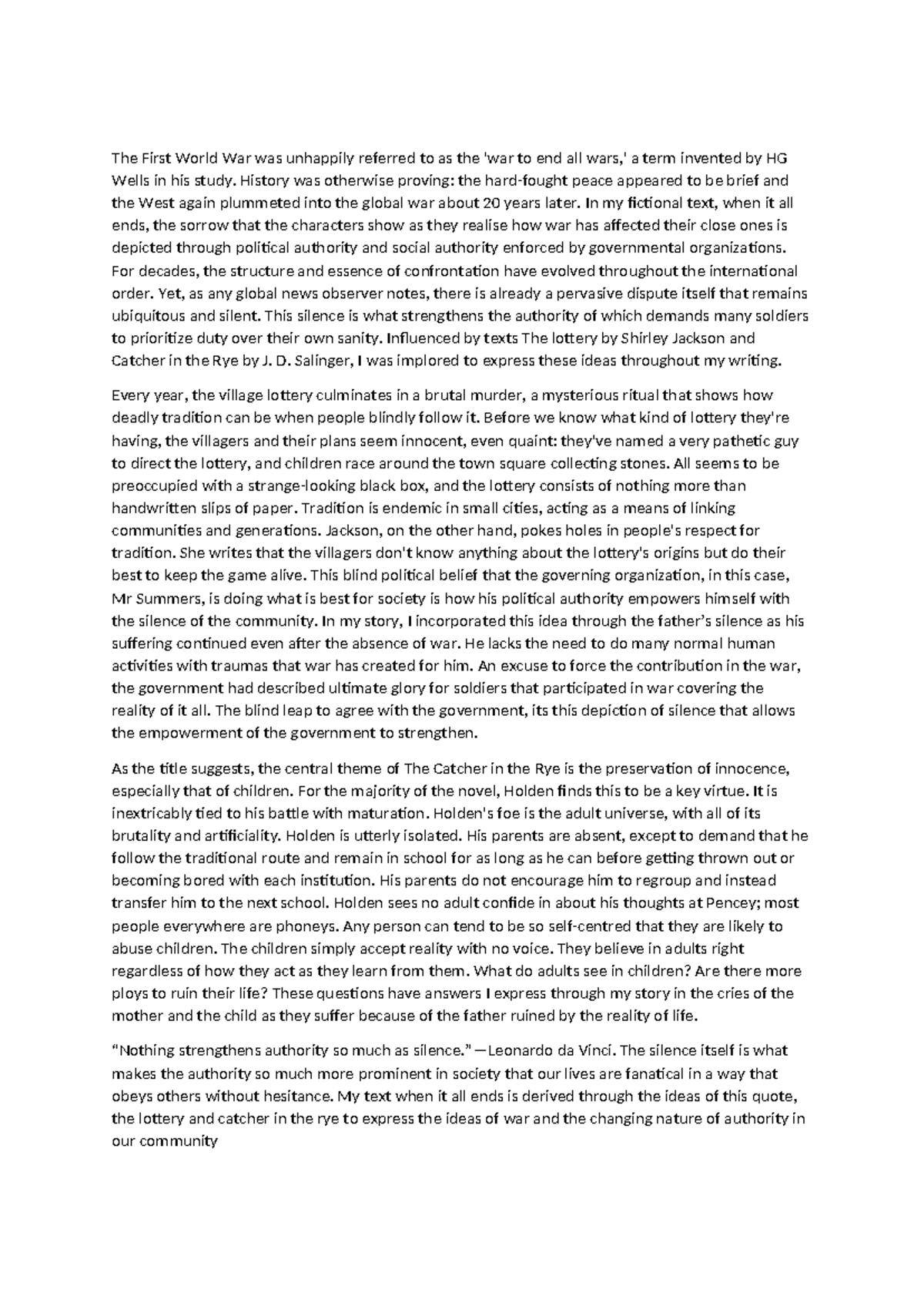 Reflective writing - The First World War was unhappily referred to as ...