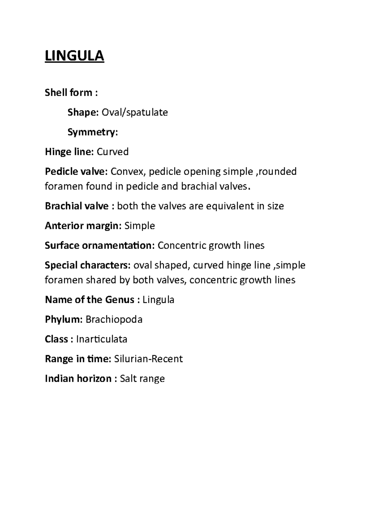 Lingula,terebratula and spirifer - LINGULA Shell form : Shape: Oval ...