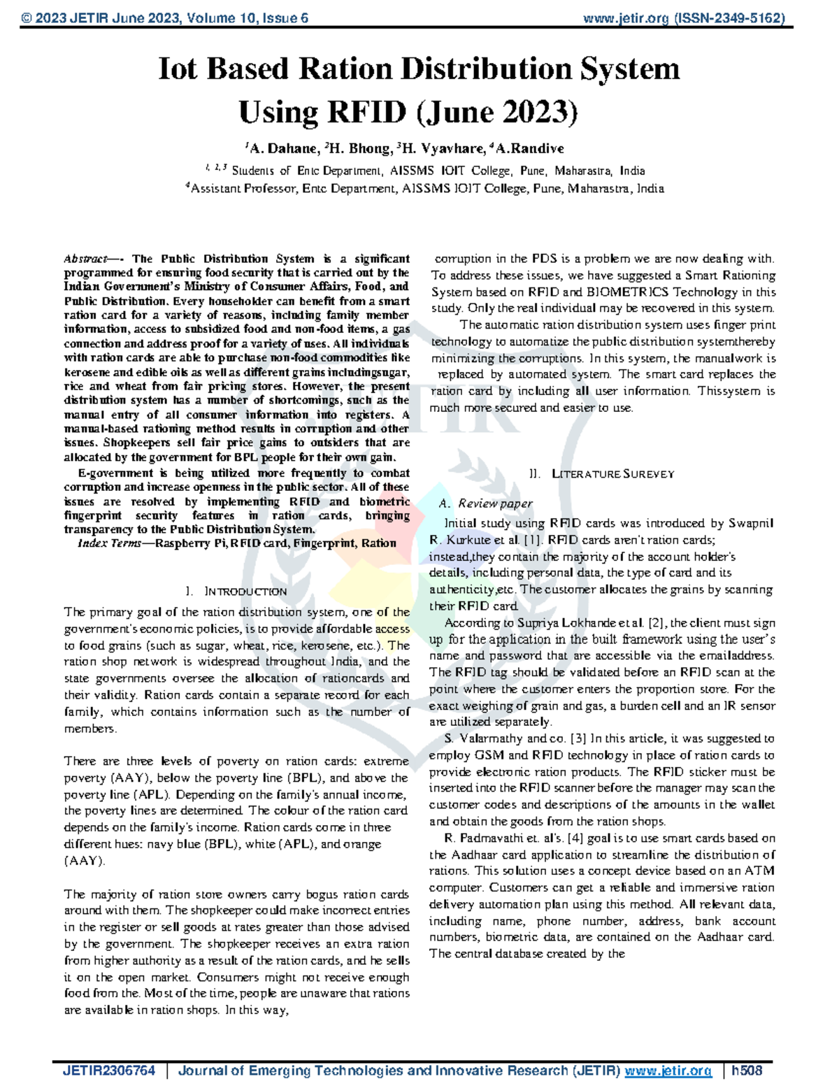 BE 1 - xvdfhgfhfh - Iot Based Ration Distribution System Using RFID (June 2023) 1 A. Dahane, 2 H ...