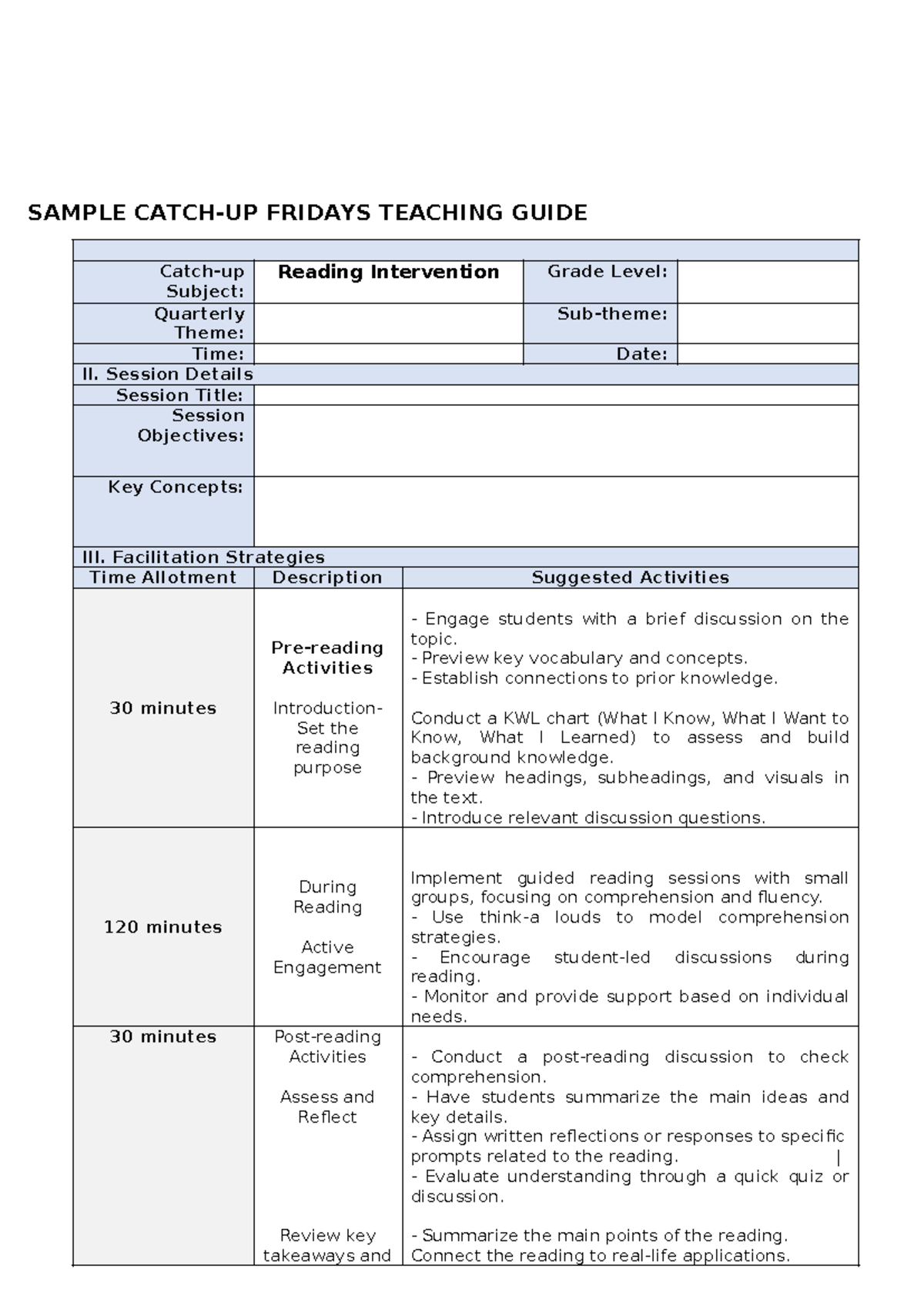 Catch UP Friday Teachers Guide Template FOR Reading Enhancement - SAMPLE CATCH-UP FRIDAYS ...