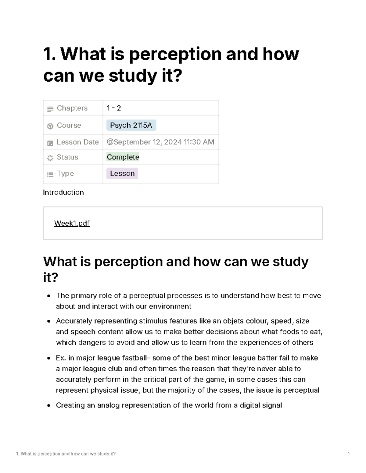 Week 1 - Week 1 lecture notes - 1. What is perception and how can we ...