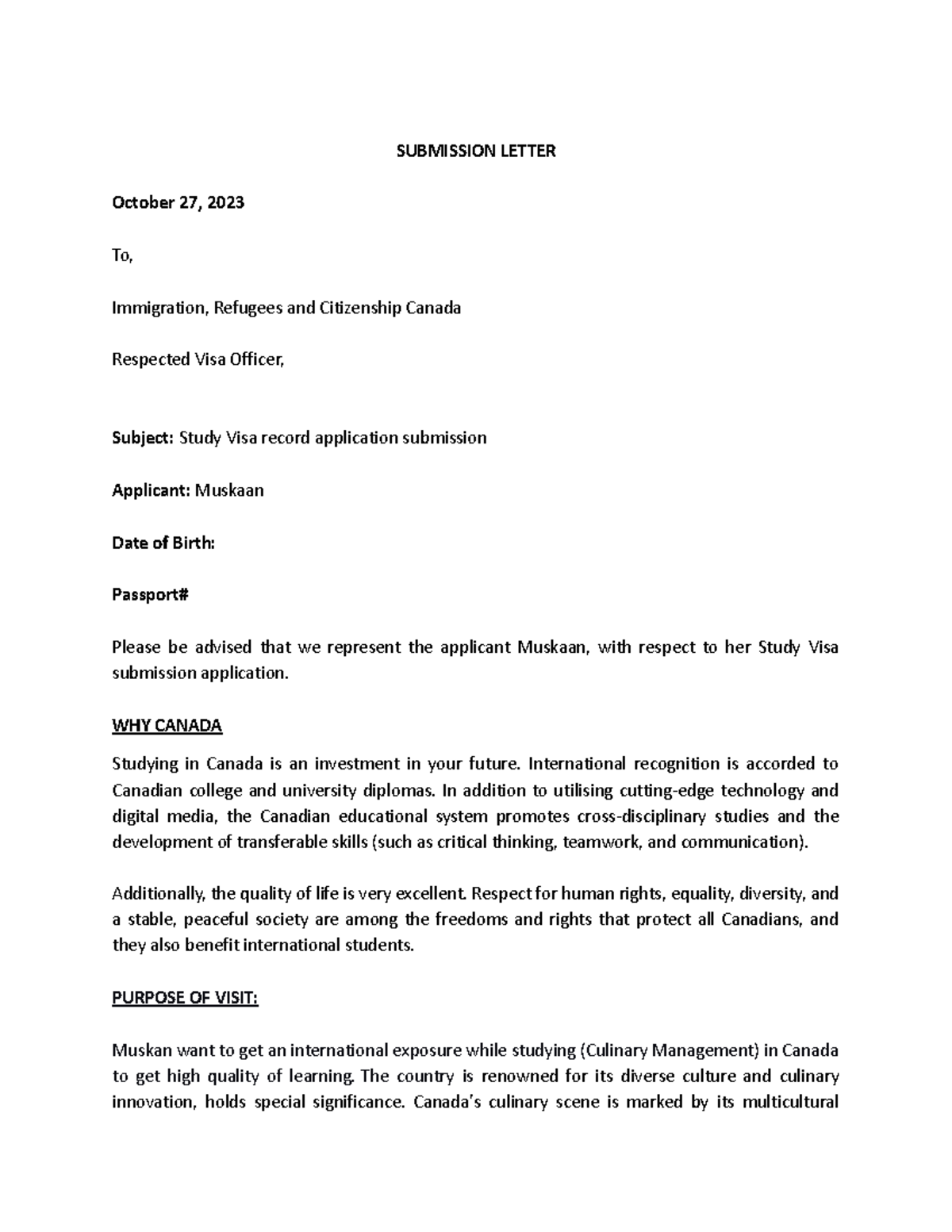 Submission letter - jdsjdjd - SUBMISSION LETTER October 27, 2023 To ...