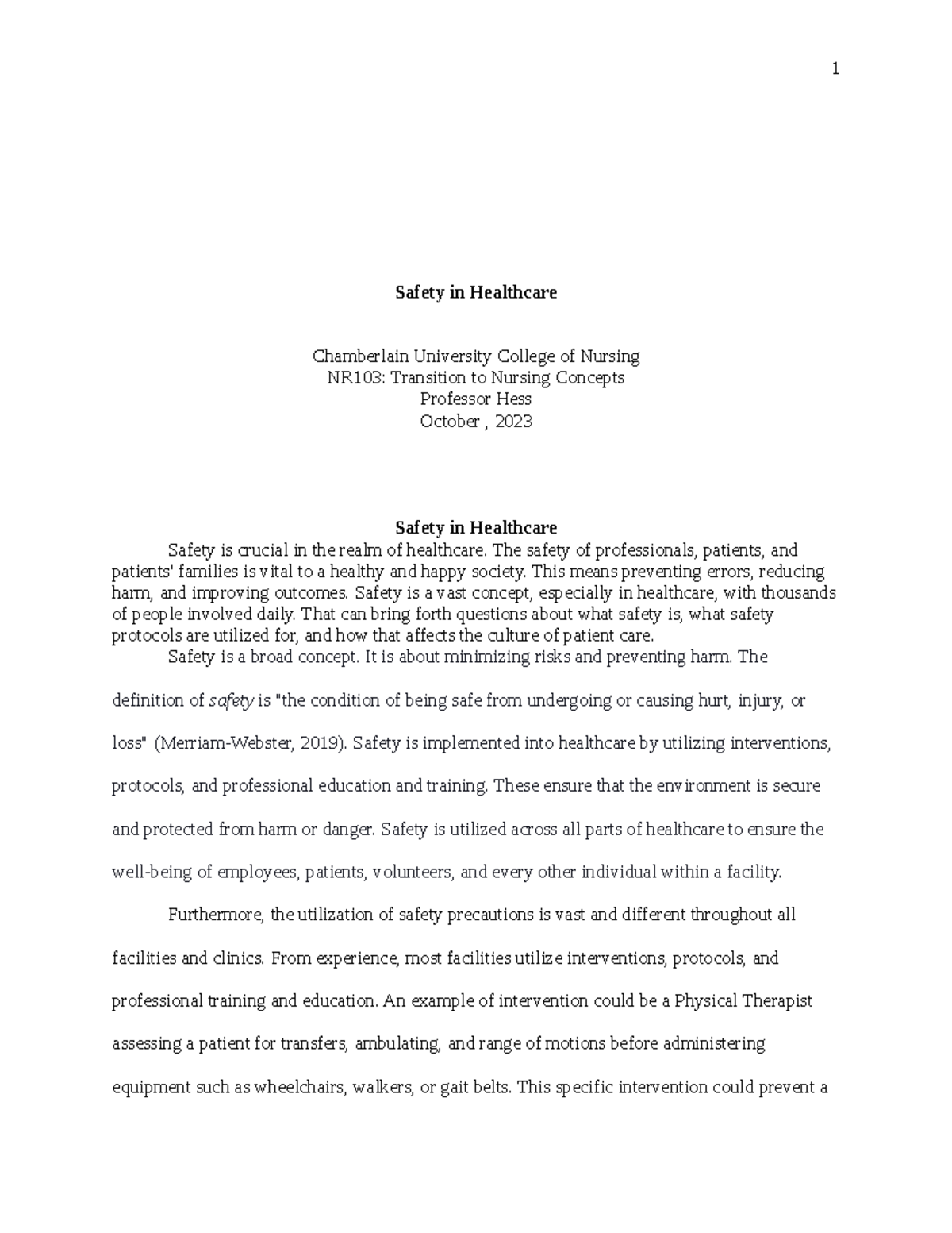 Week 6 RUA - RUA paper for 2023 - Safety in Healthcare Chamberlain ...