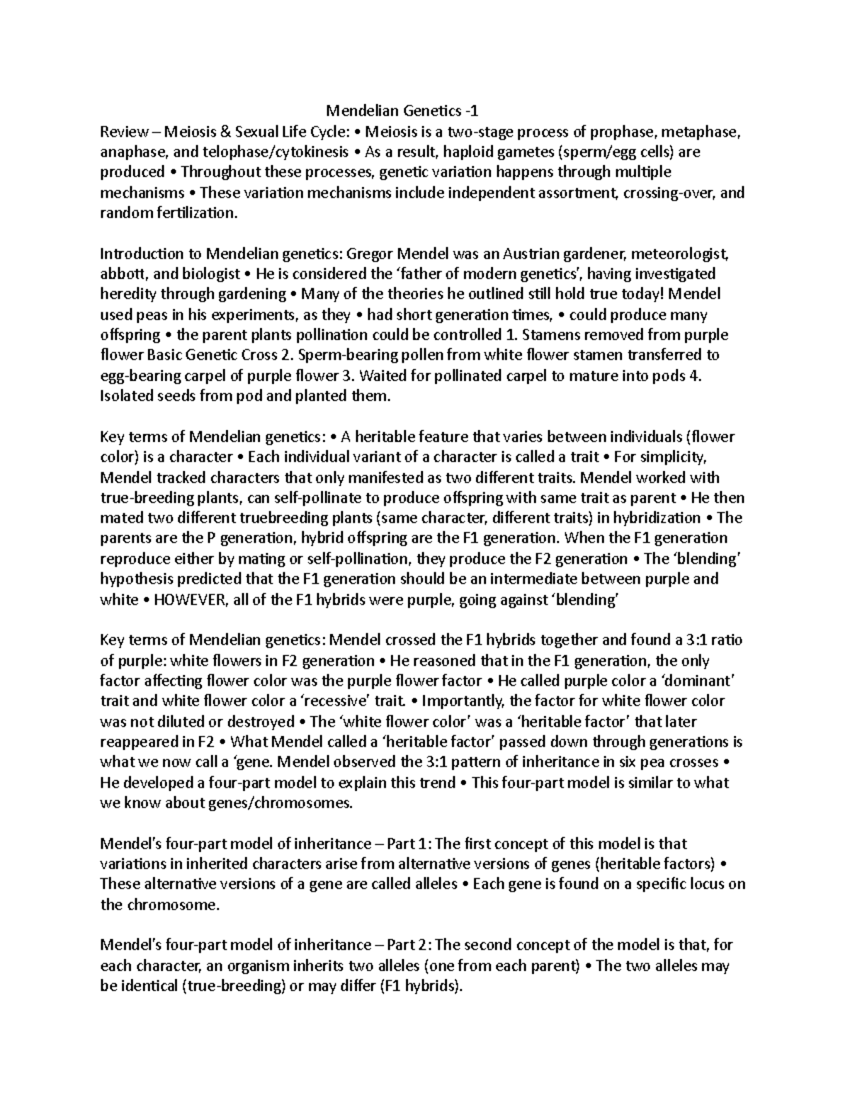 Bio Chapter 14 1-2 notes - Mendelian Genetics - Review – Meiosis ...