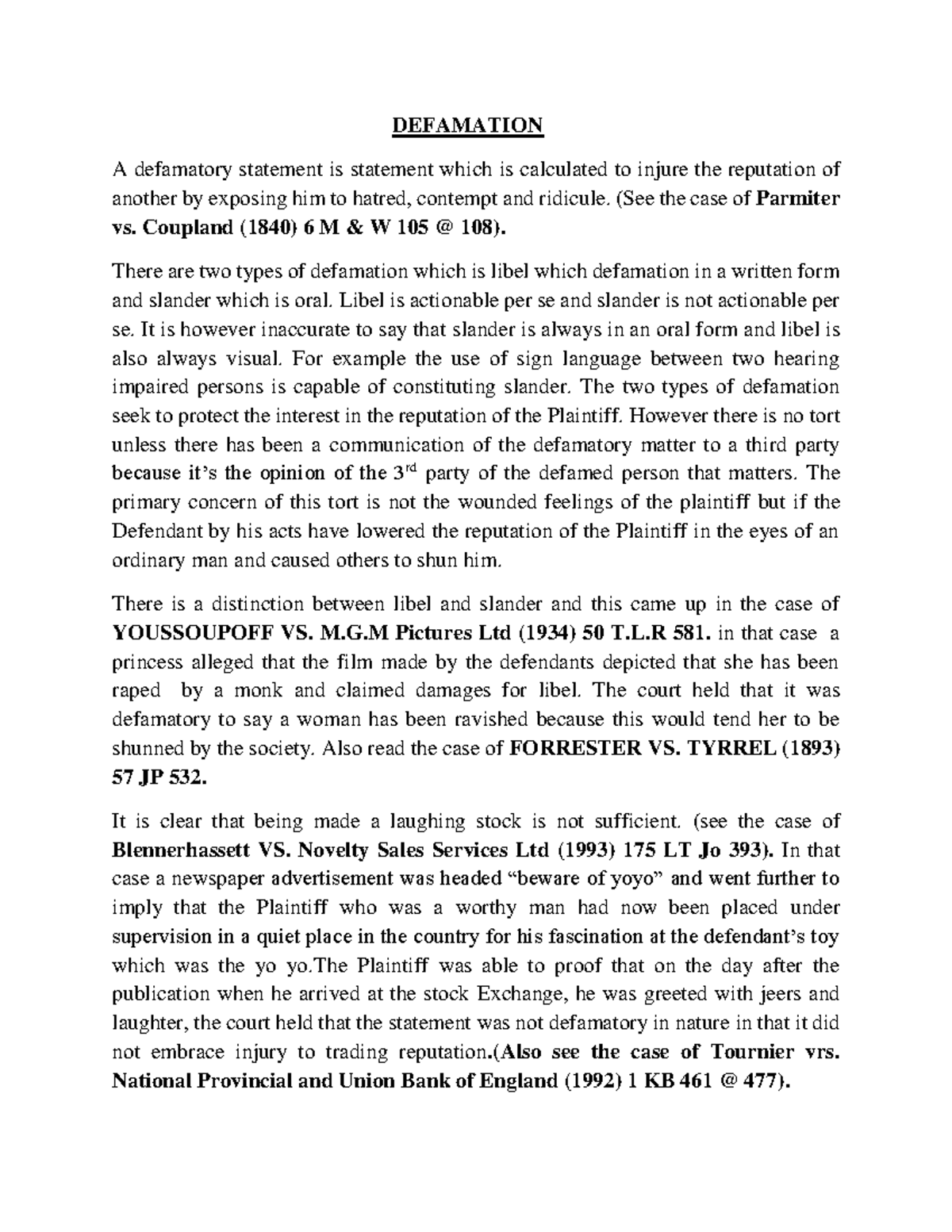 Defamation - notes - Law of Tort - KNUST - Studocu