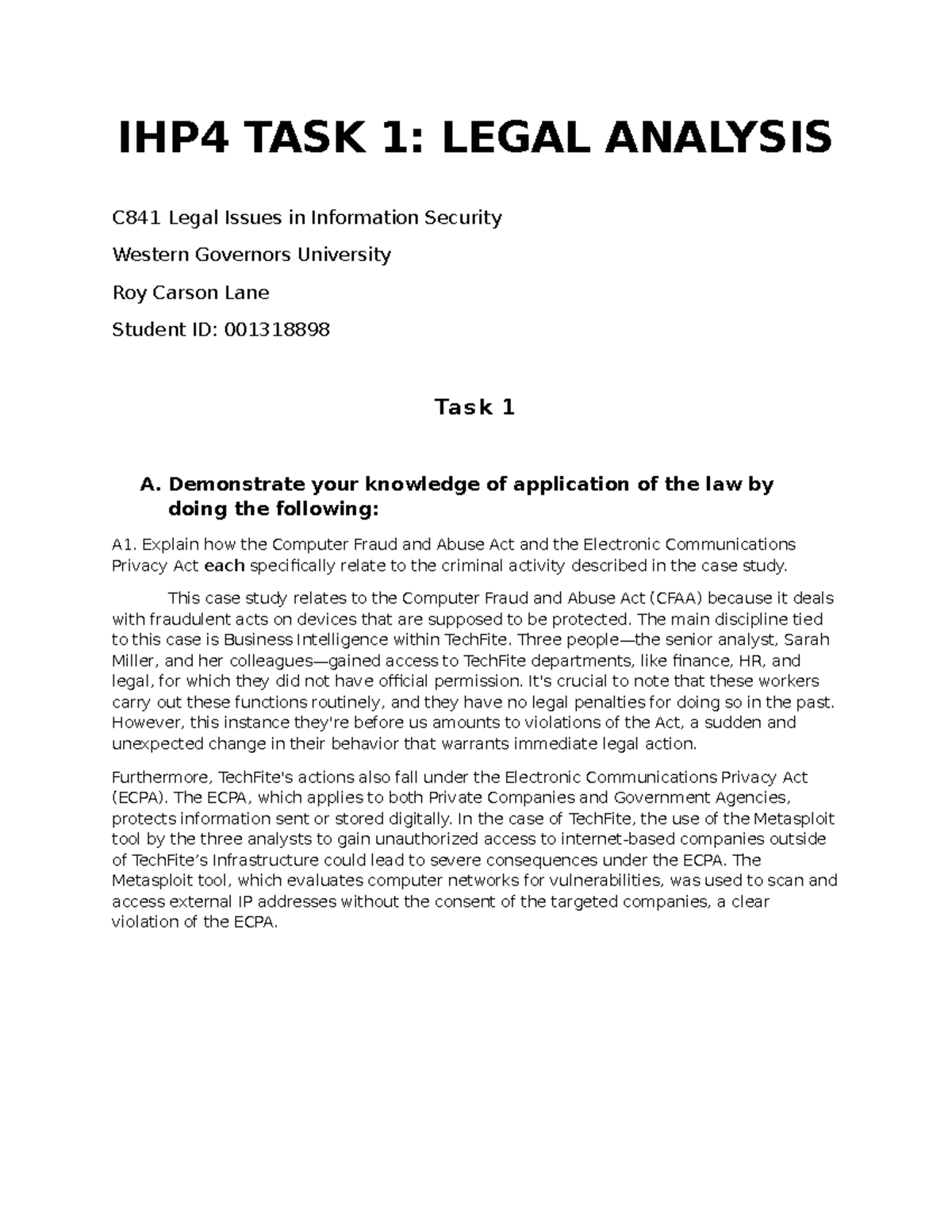 C841 Task 1 Carson Lane 5Jul24 - IHP4 TASK 1: LEGAL ANALYSIS C841 Legal ...