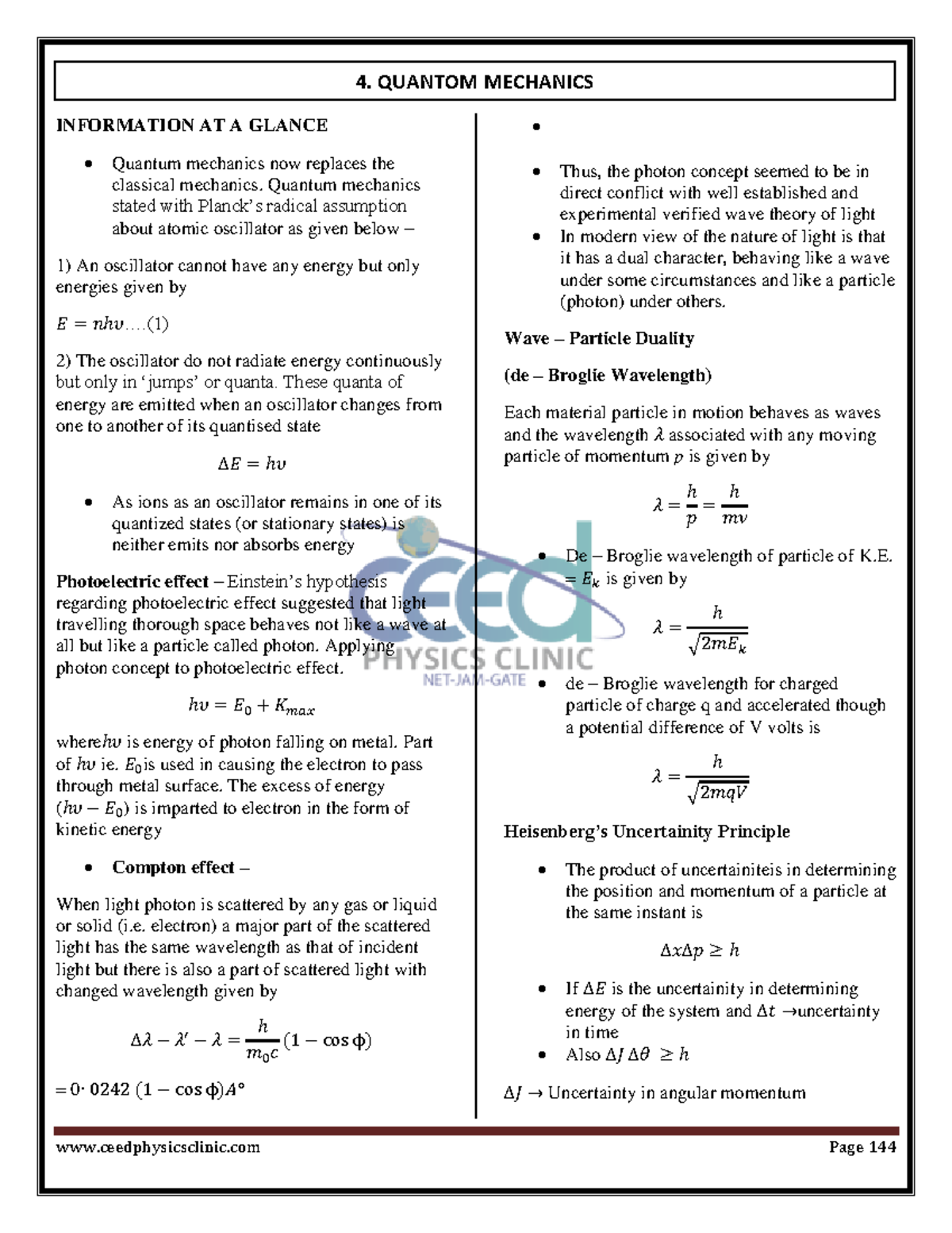 Quantom - INFORMATION AT A GLANCE Quantum mechanics now replaces the ...