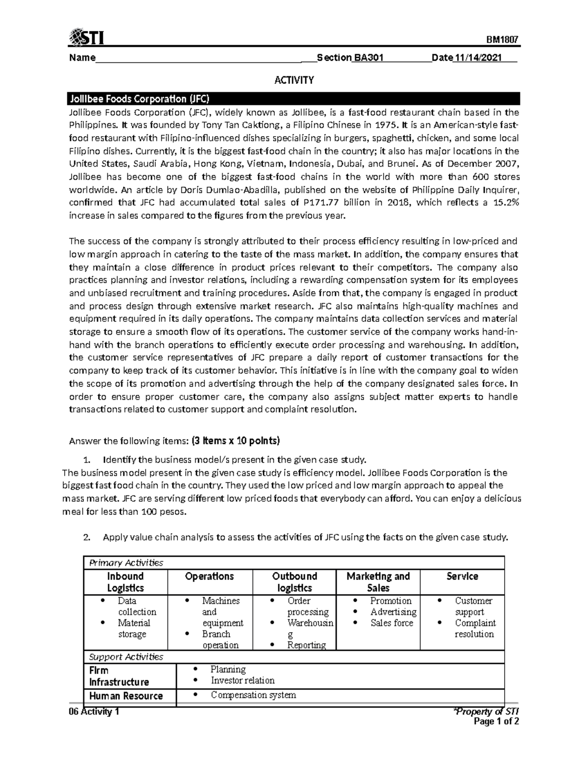 06 Activity 1 - CASE STUDY - BM Name ...