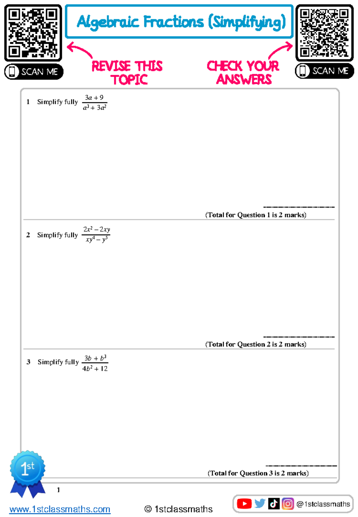 Algebraic Fractions (Simplifying) Edexcel - 1 Simplify fully (Total for ...