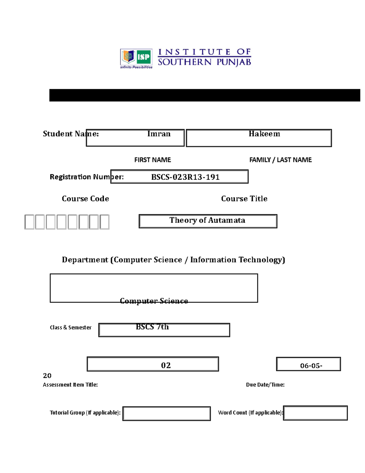 Theory of Autamata 2 - quiz - ASSIGNMENT/ASSESSMENT COVER SHEET Student ...