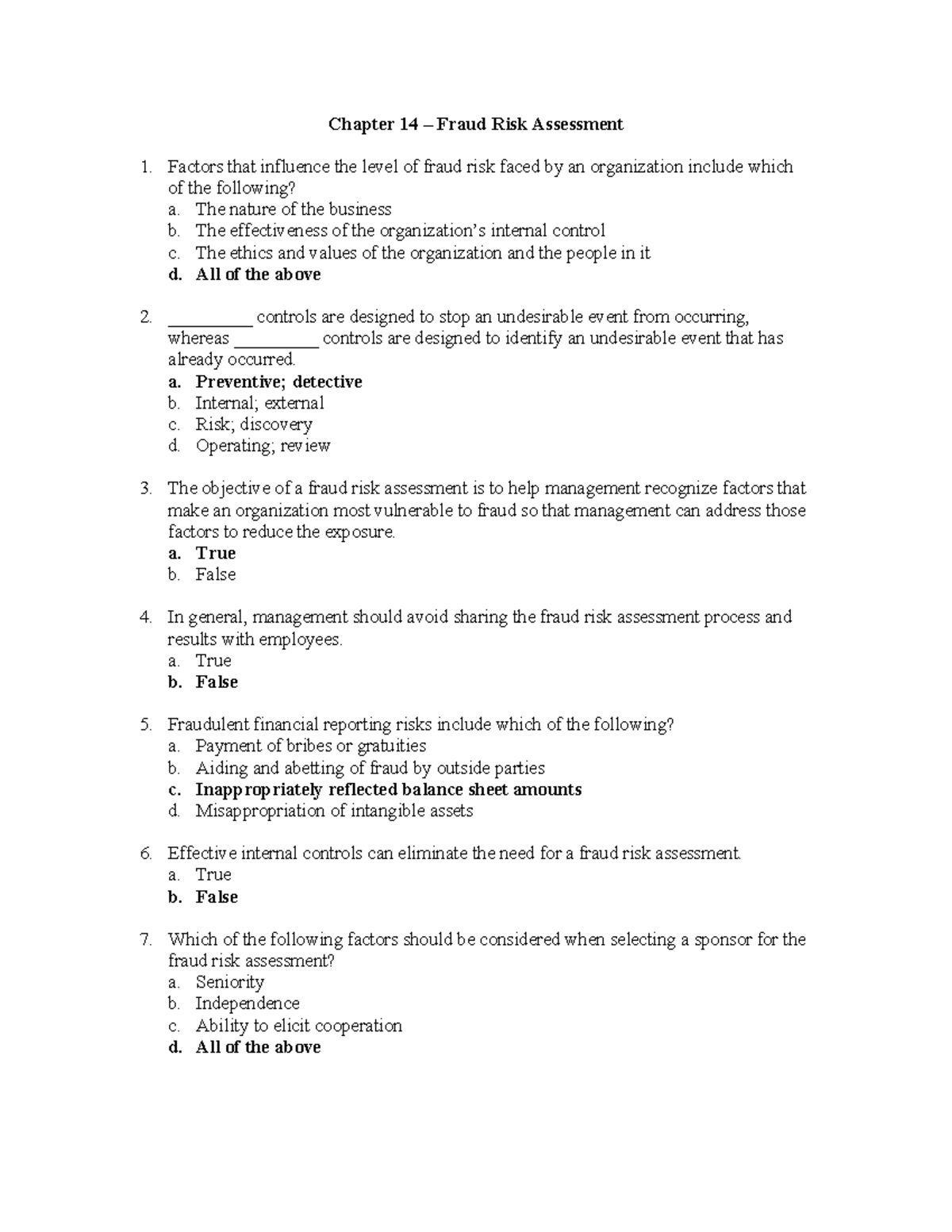 Ch14 - Question bank chapter 14 - Chapter 14 – Fraud Risk Assessment ...
