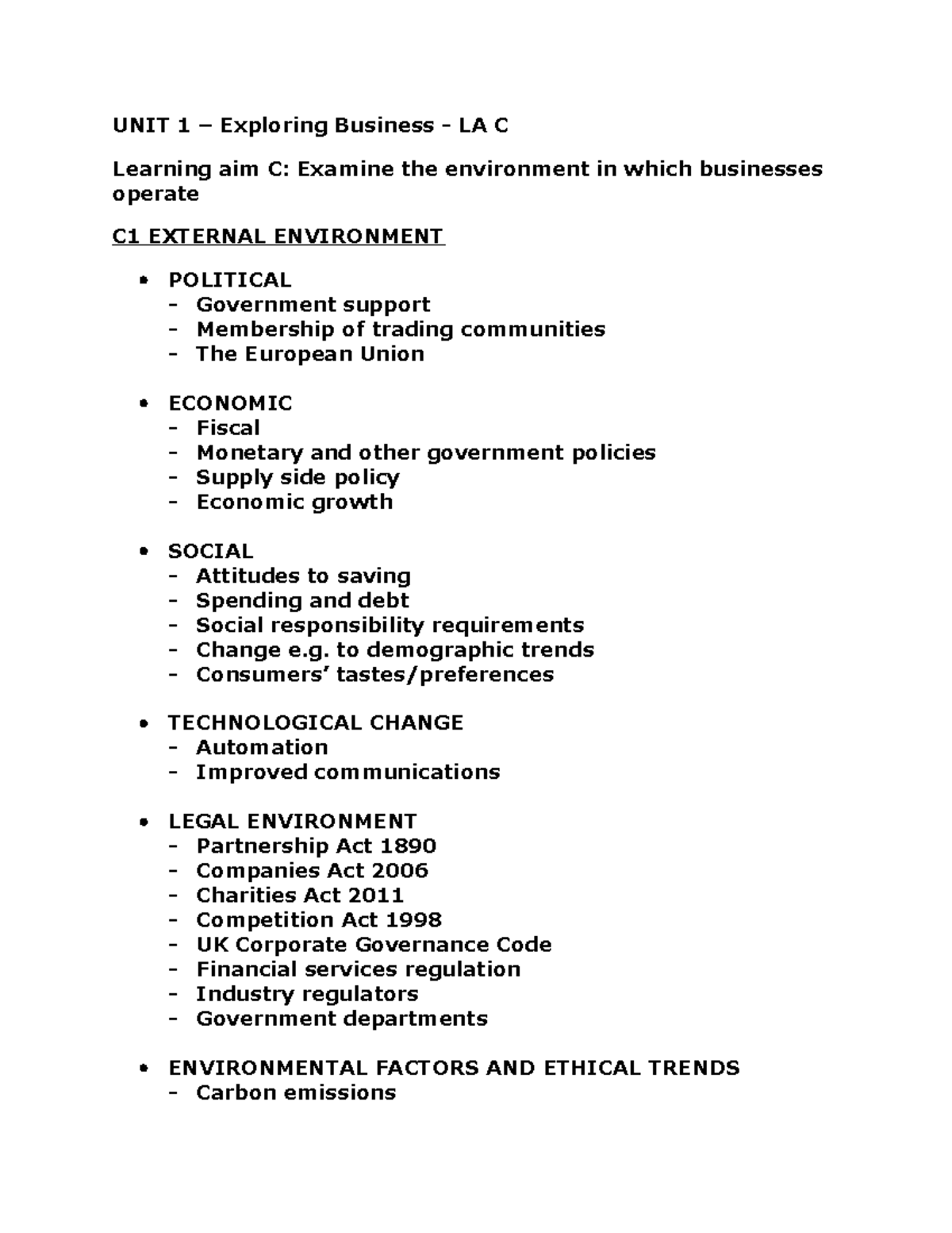 Learning Aim C checklist - UNIT 1 – Exploring Business - LA C Learning ...