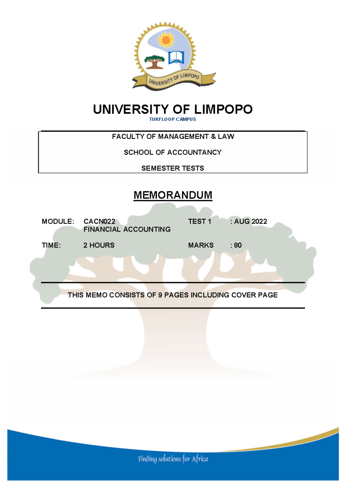CACN022 TEST 1 - Suggested Solution (2022) - UNIVERSITY OF LIMPOPO ...
