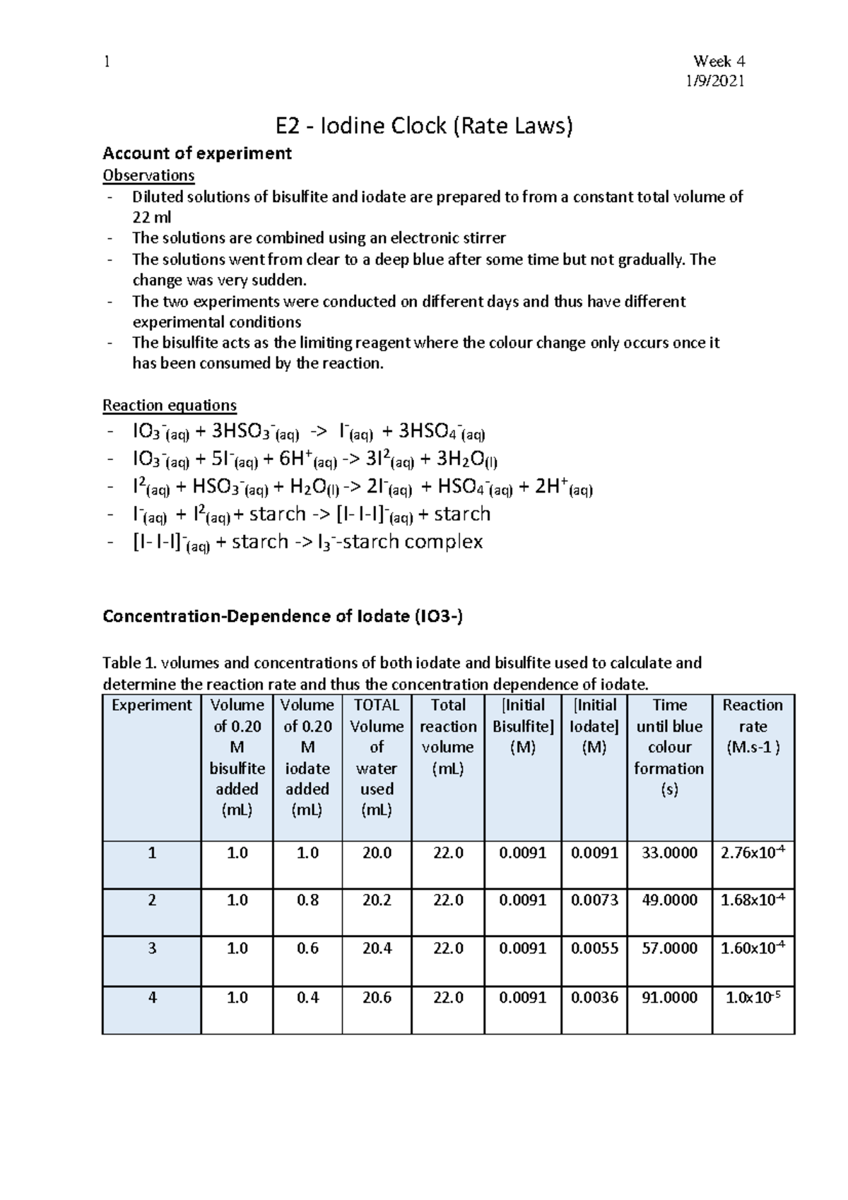 E2 - Iodine Clock (Rate Laws) - Week 4 1/9/ 1 E2 - Iodine Clock (Rate ...